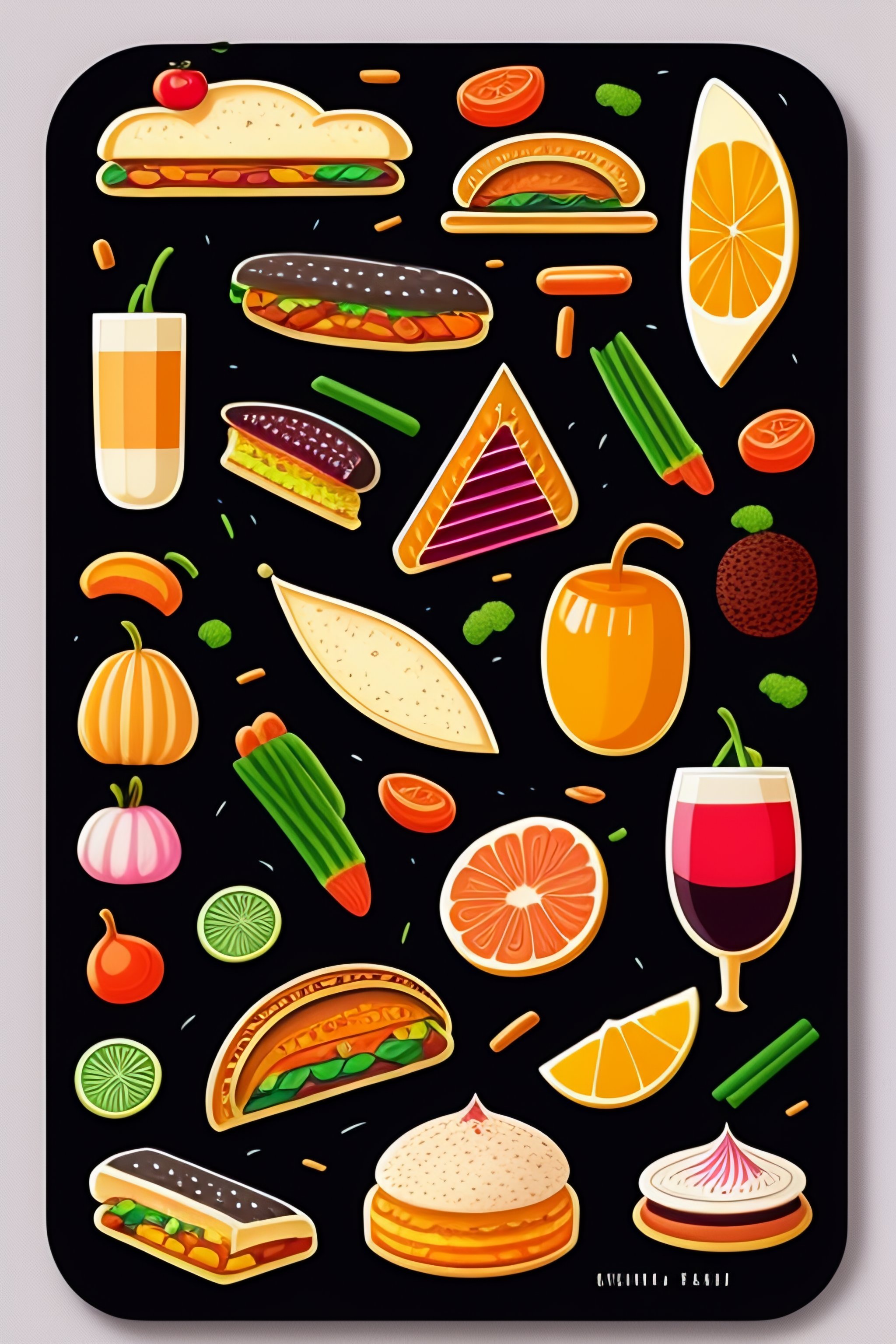 Lexica - Colorful, kawaii chibi food items on pale black paper, very ...