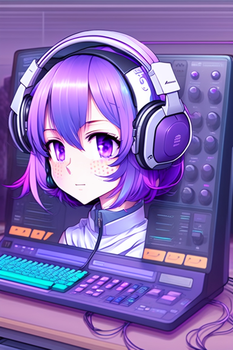 Lexica - Anime girl with purple hair, programming a modular synthesizer ...