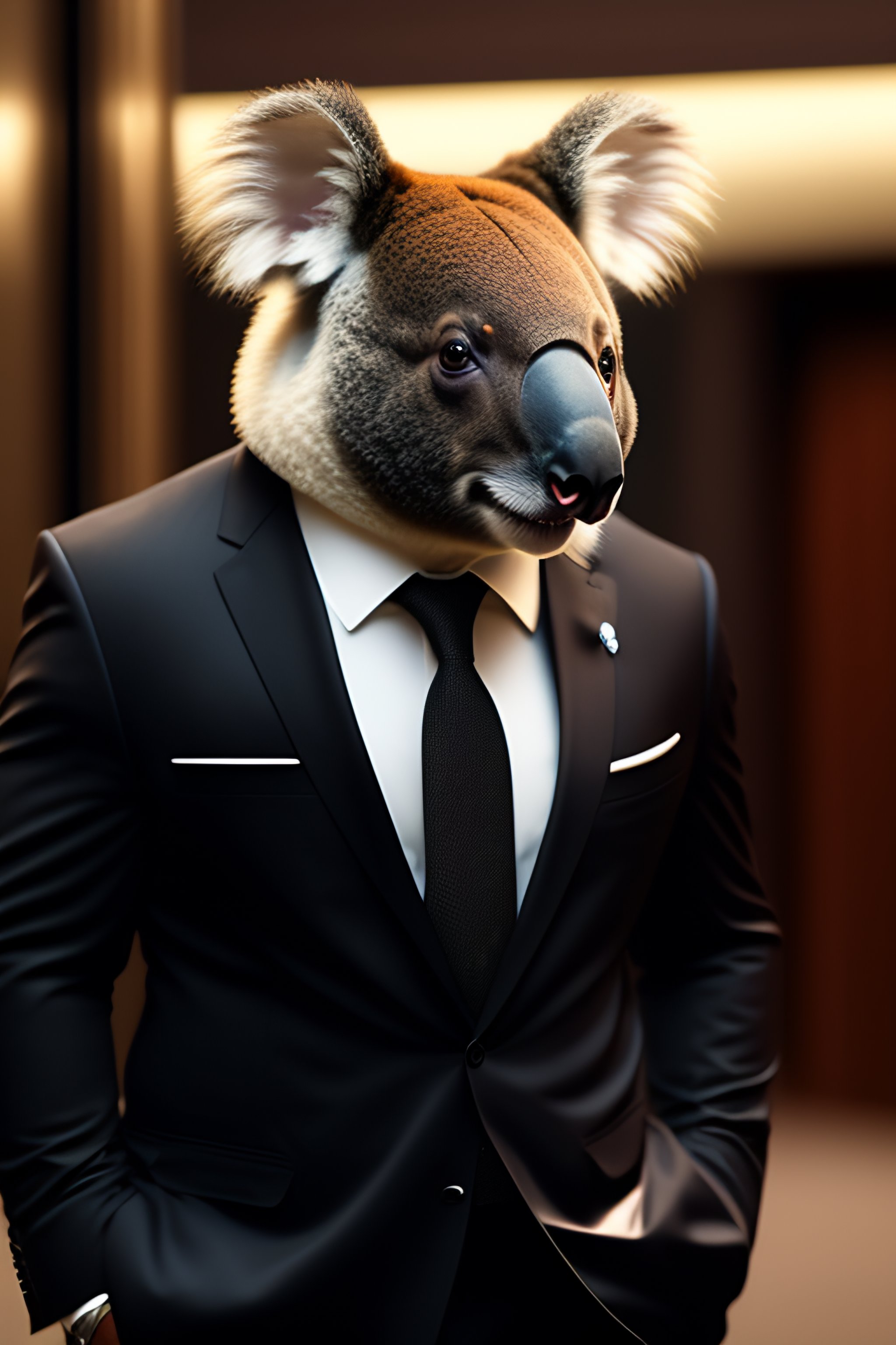 Lexica - Anthropomorphic koala in a bodyguard black suit