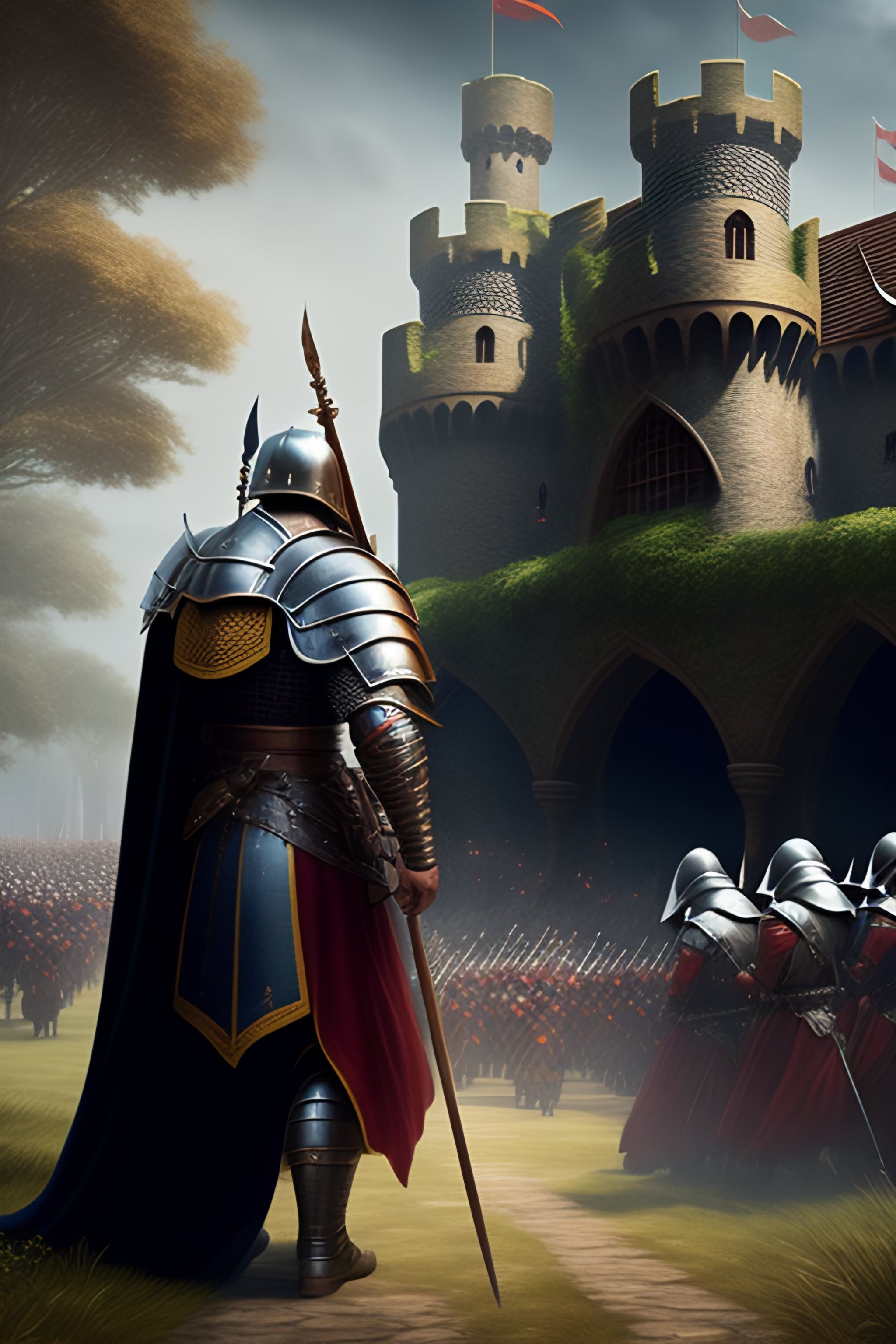 Lexica - Wide photo , realistic , armored knight ,interring the castle ...