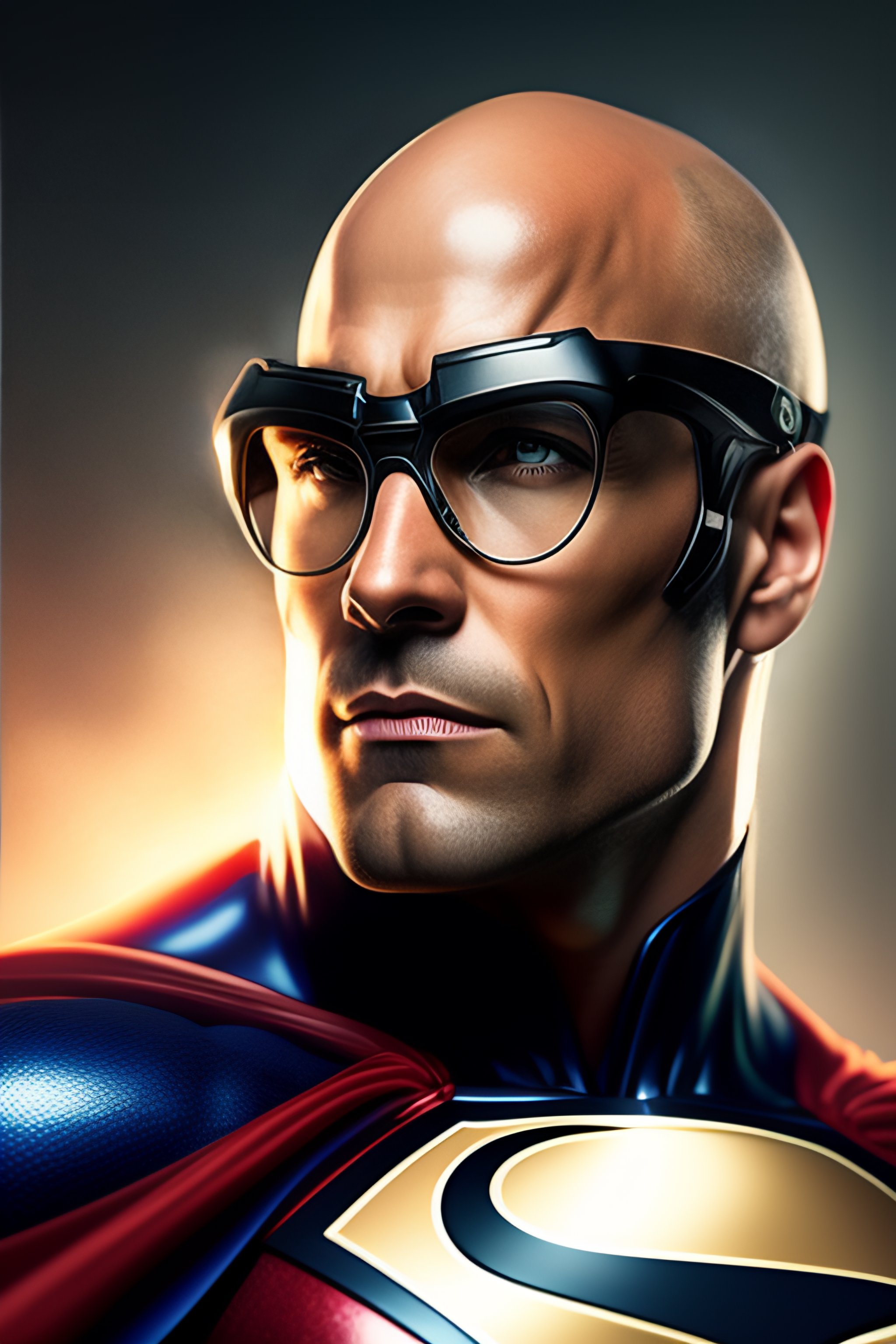 Lexica - Picture of bald muscular superhero with glasses and cape