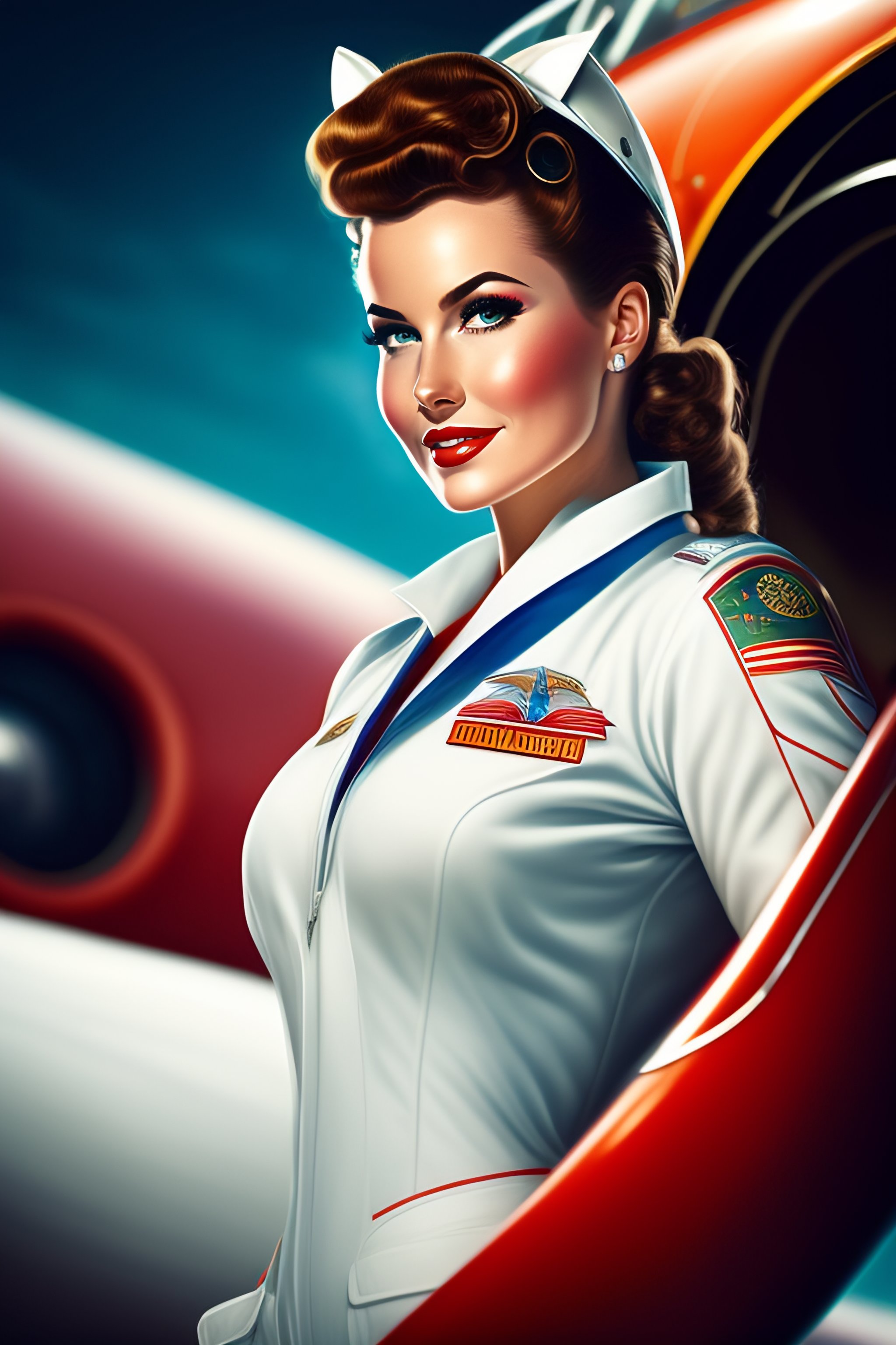 Lexica - Girl technician in a flight suit on an airplane in pin-up style