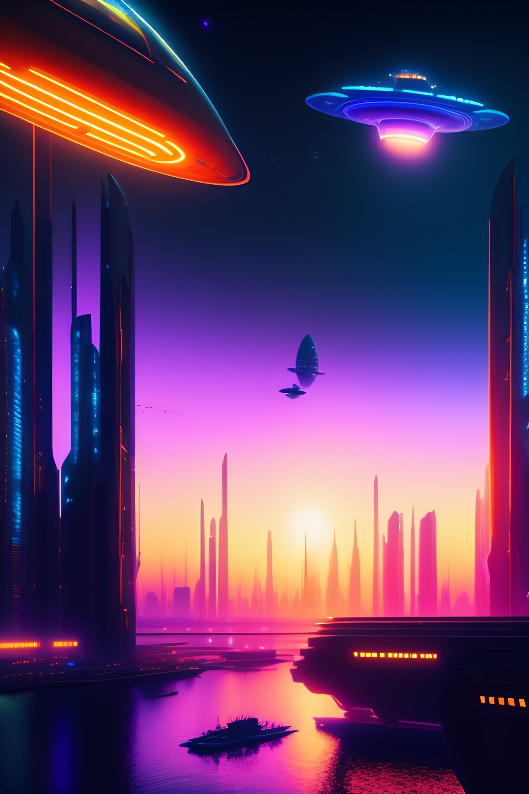Lexica - Cyberpunk city with spacecraft flying in the night sky, ultra ...