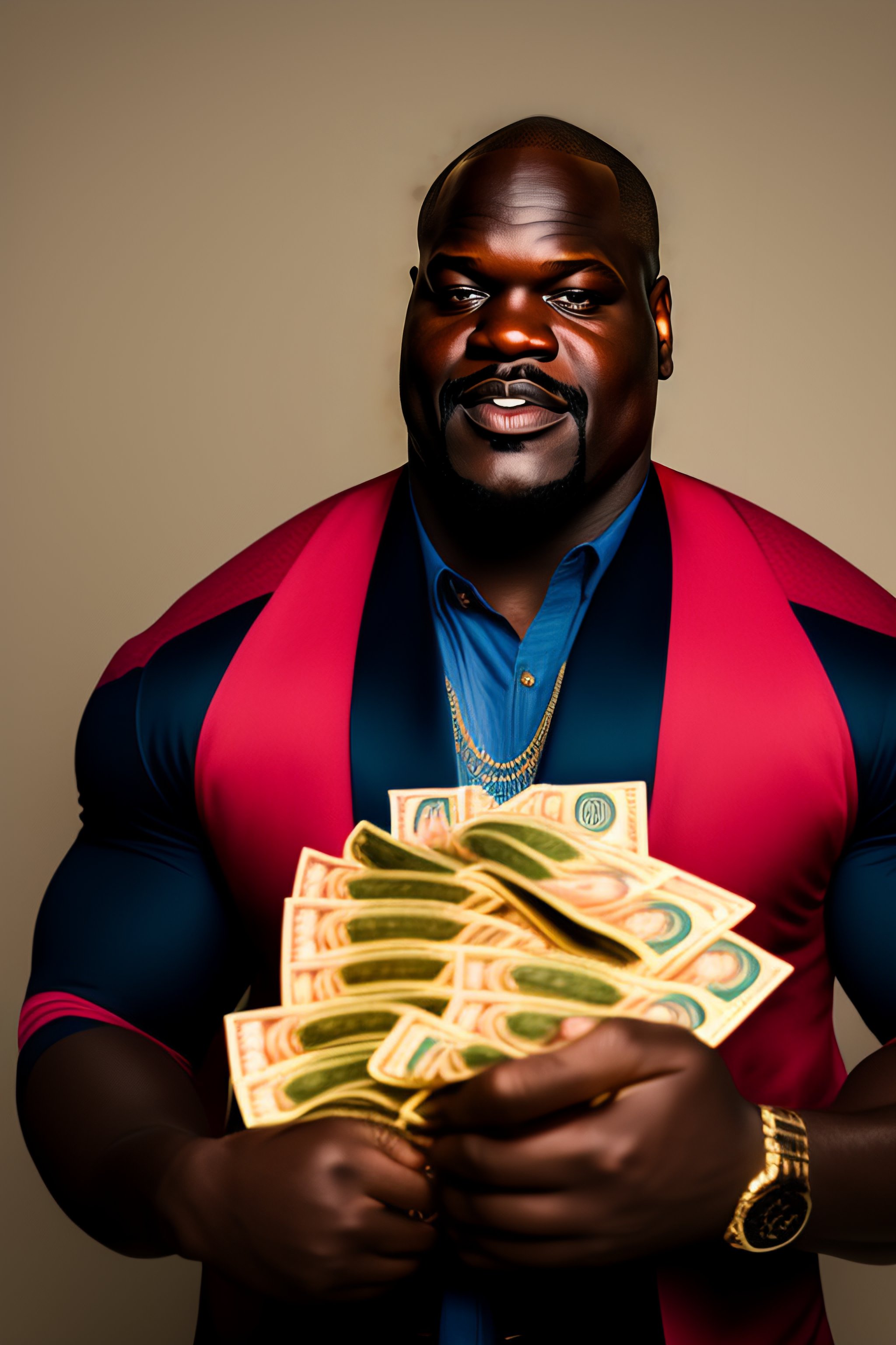 Lexica - Shaq holding bags of money photography by wes andersen