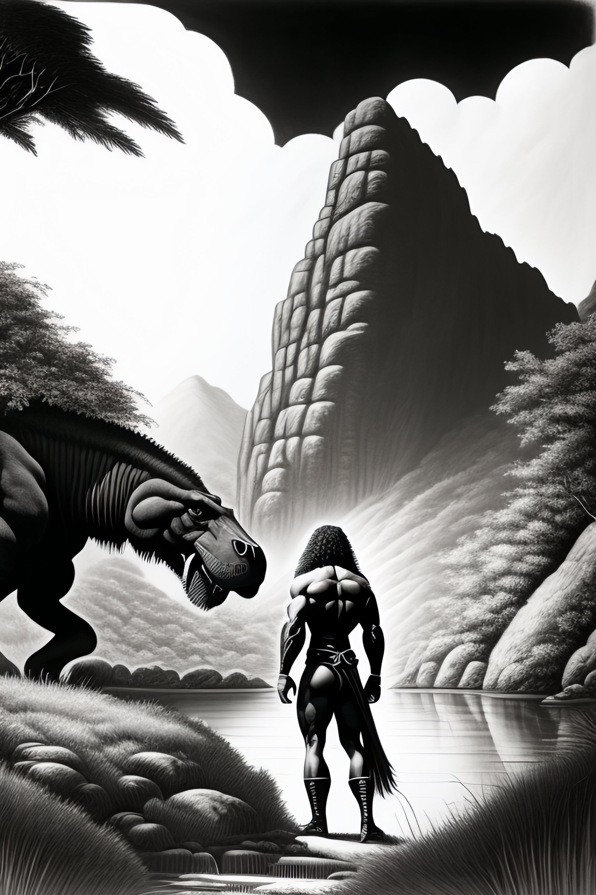 Lexica - Landscape drawing of a muscular caveman with spear standing in ...