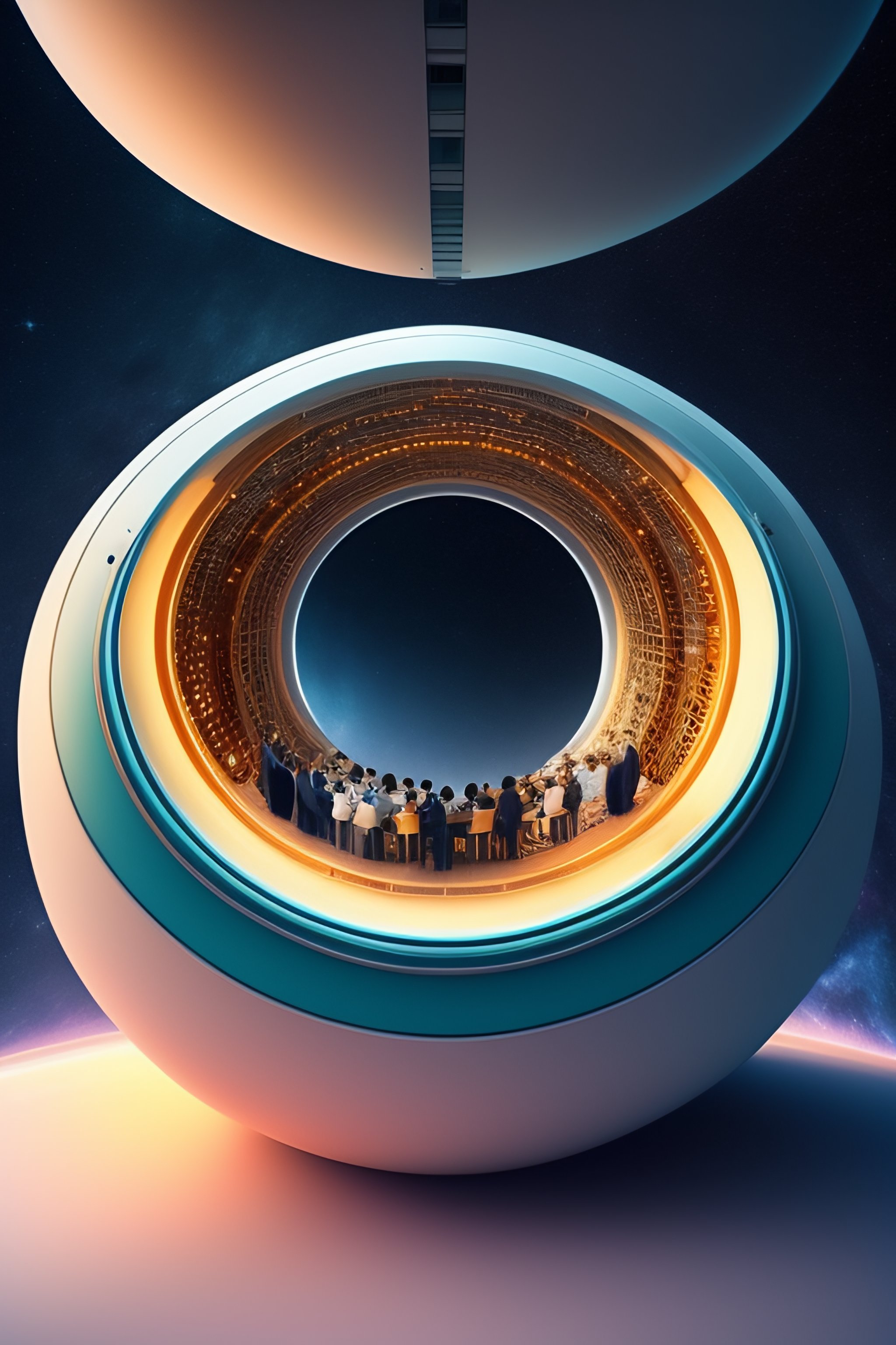 Lexica - Futuristic torus shaped spaceship lab, five scientist, one scientist sleeping in the ...