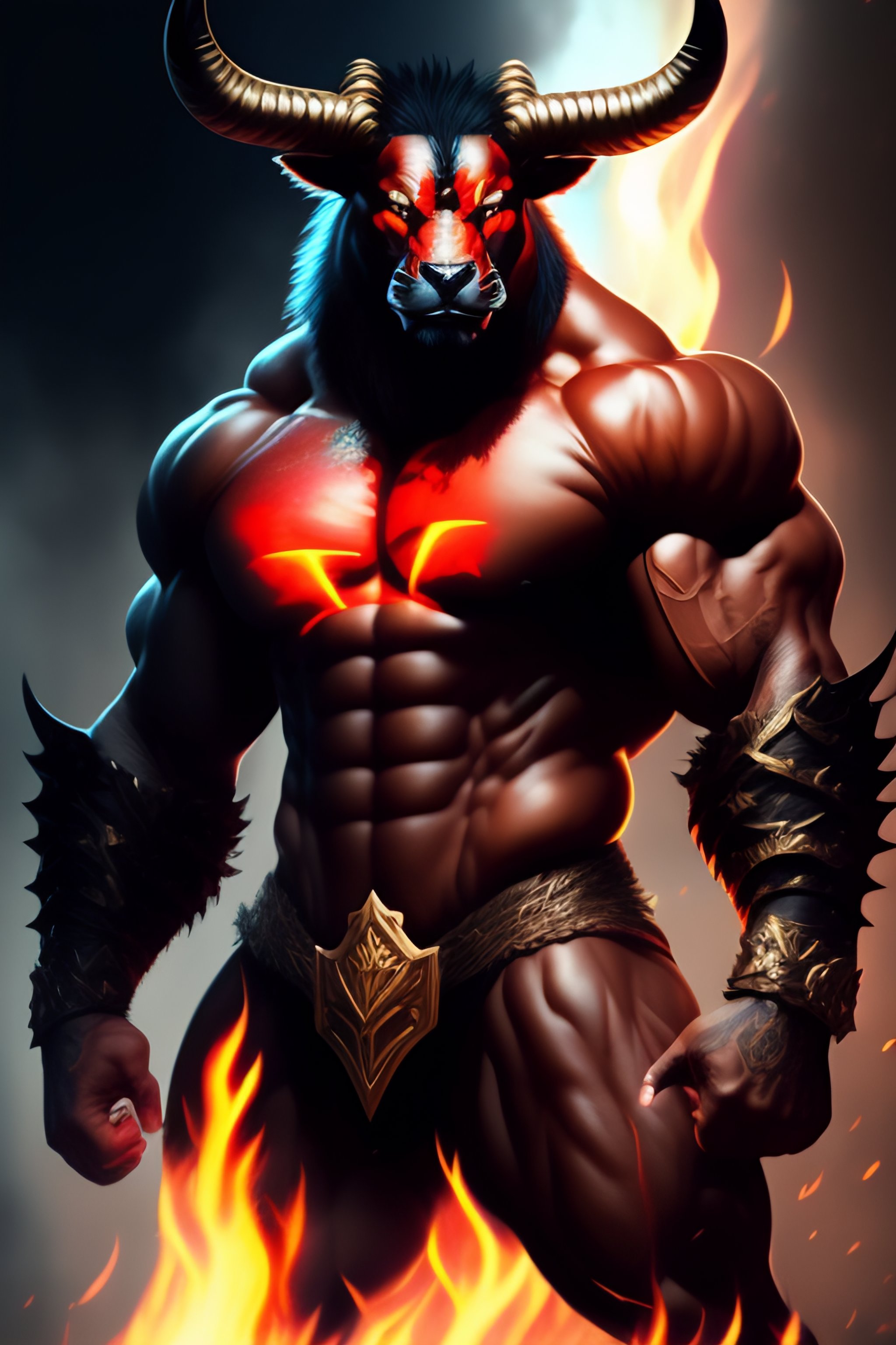 Lexica - Draw a mix of minotaur and a devil, with a lot of muscles, scary looking in a realistic ...