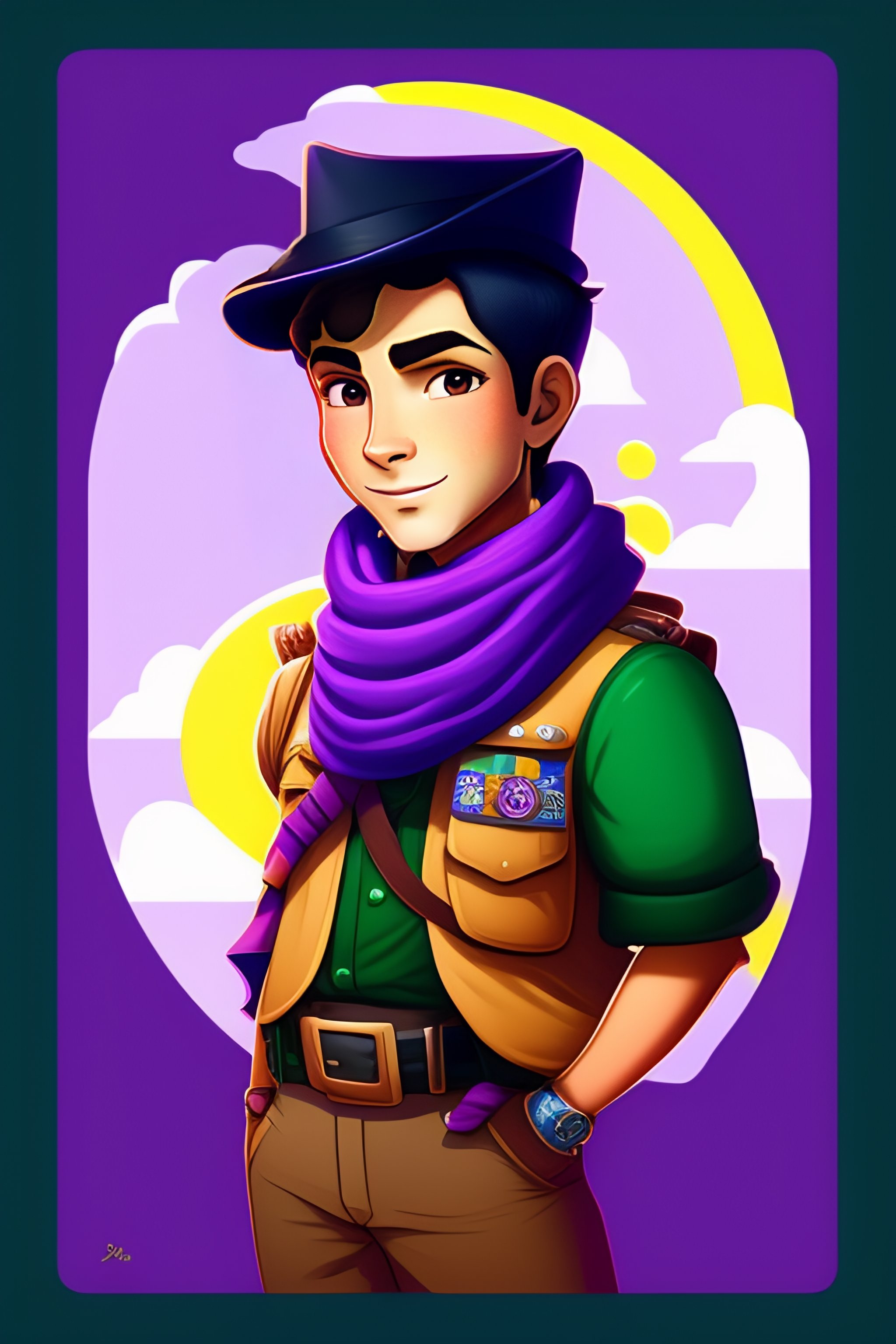 Lexica - Adventurer boy scout with purple scarf cartoon style