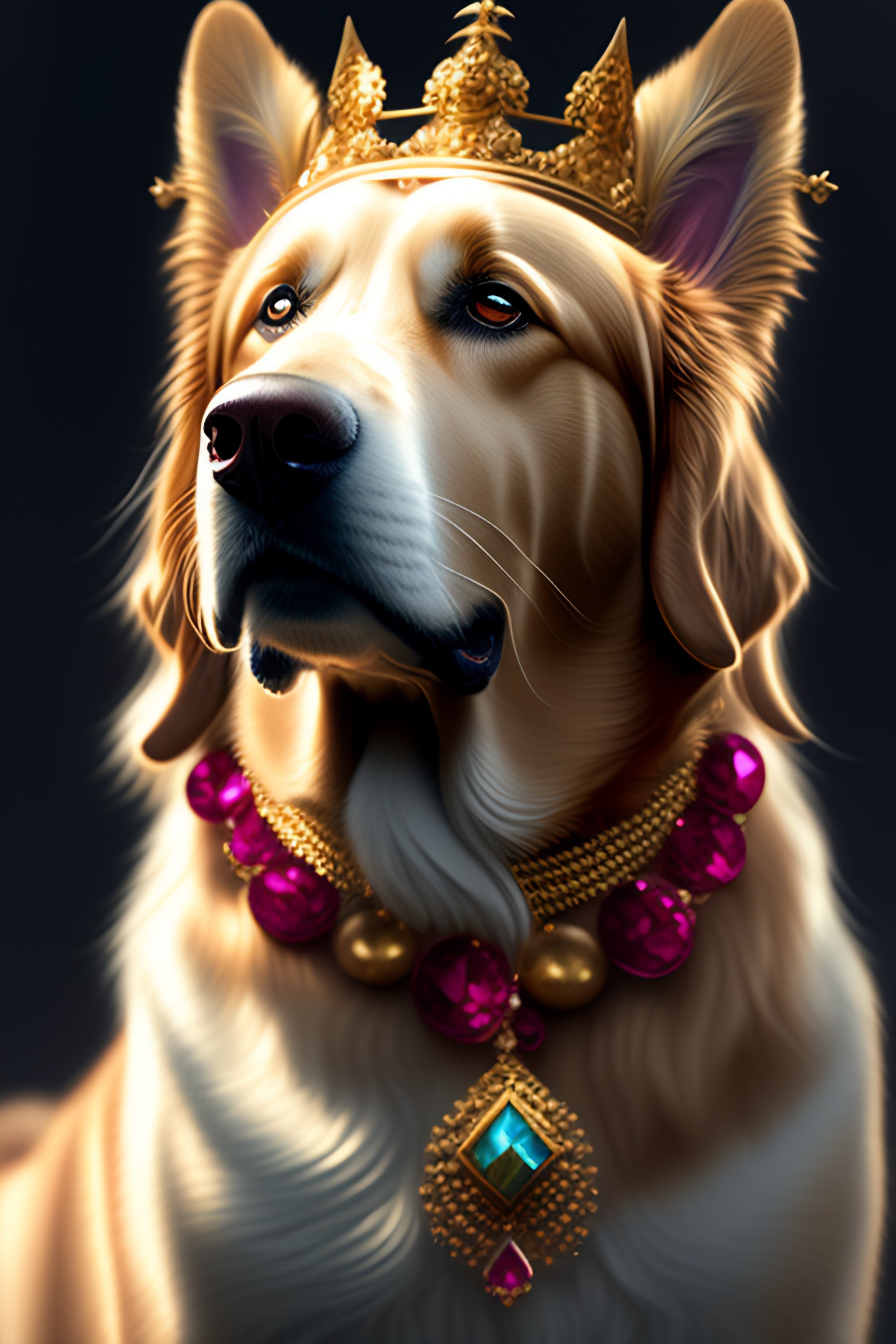 Lexica - A Golden Retriever Dog with jeweled crown, gemstone, by greg ...