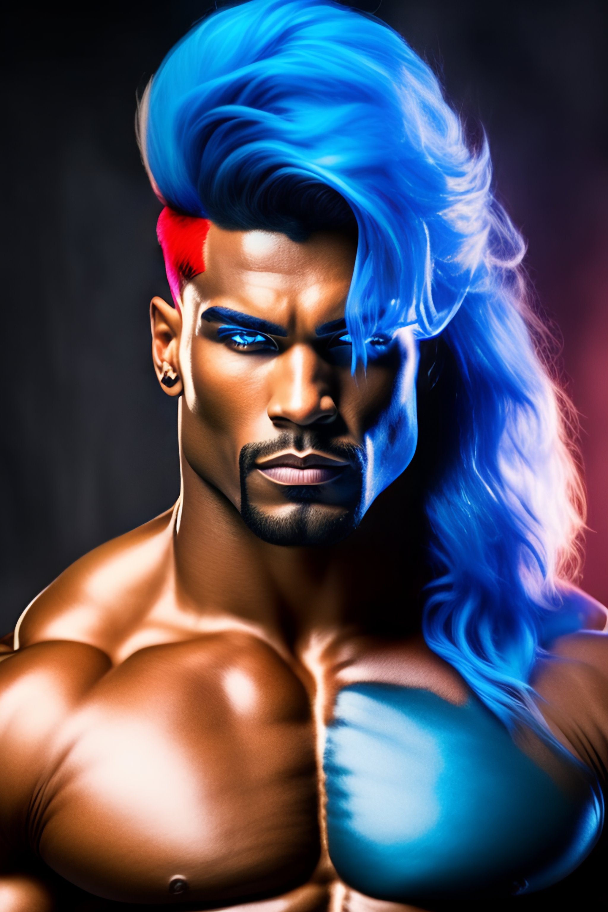 Lexica - A buff man with blue fiery hair