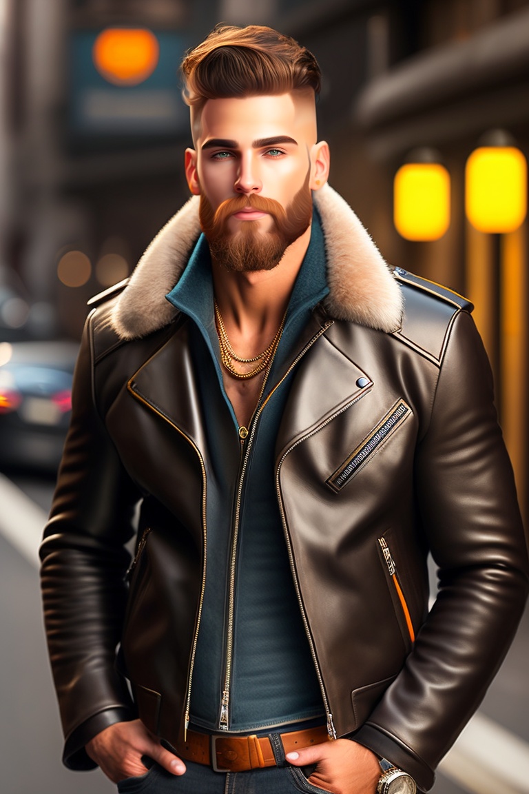 Lexica - Greek, curly hair, neat beard, biker leather jacket over body ...