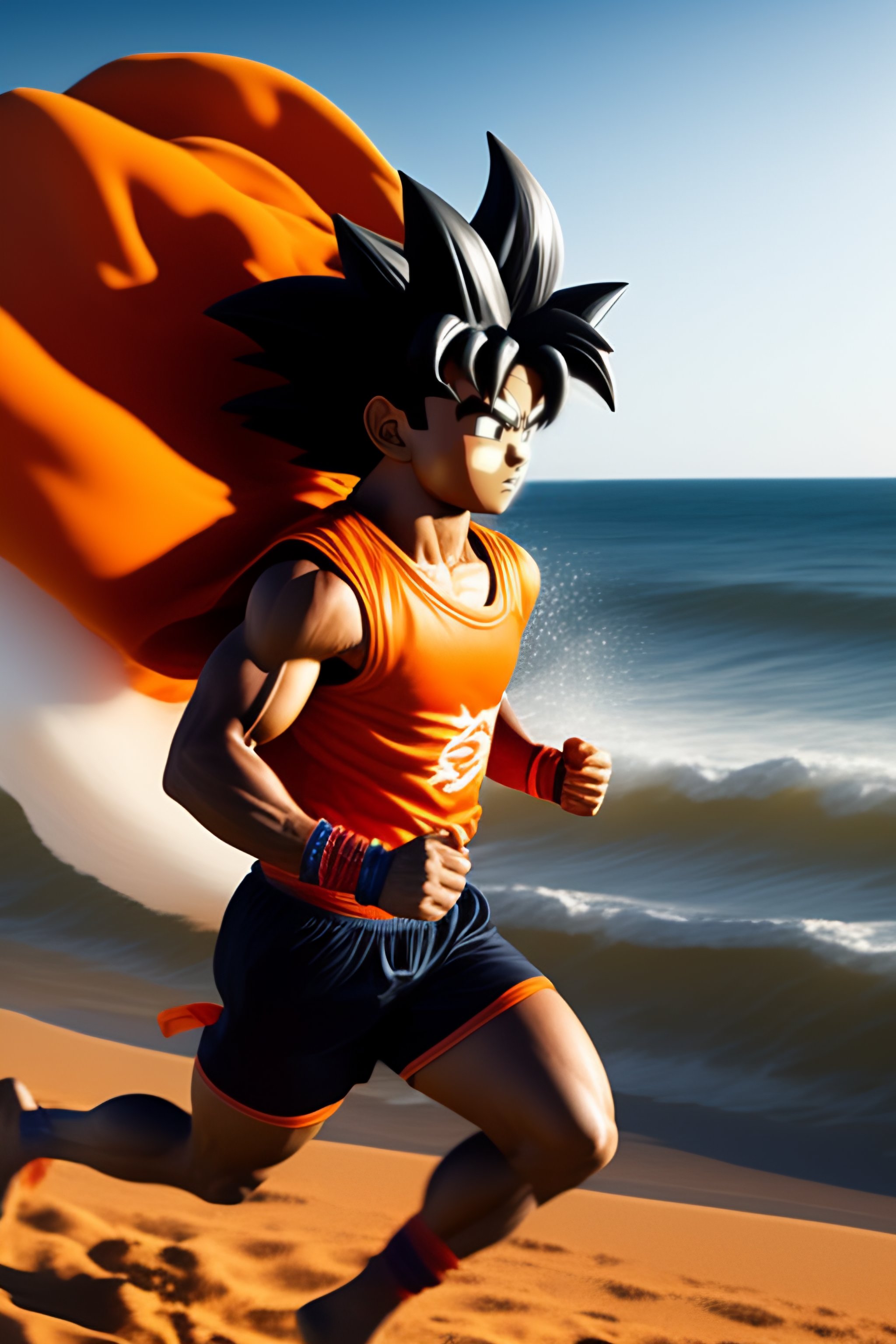 Lexica - Goku corriendo por la playa al estilo oscuro realista