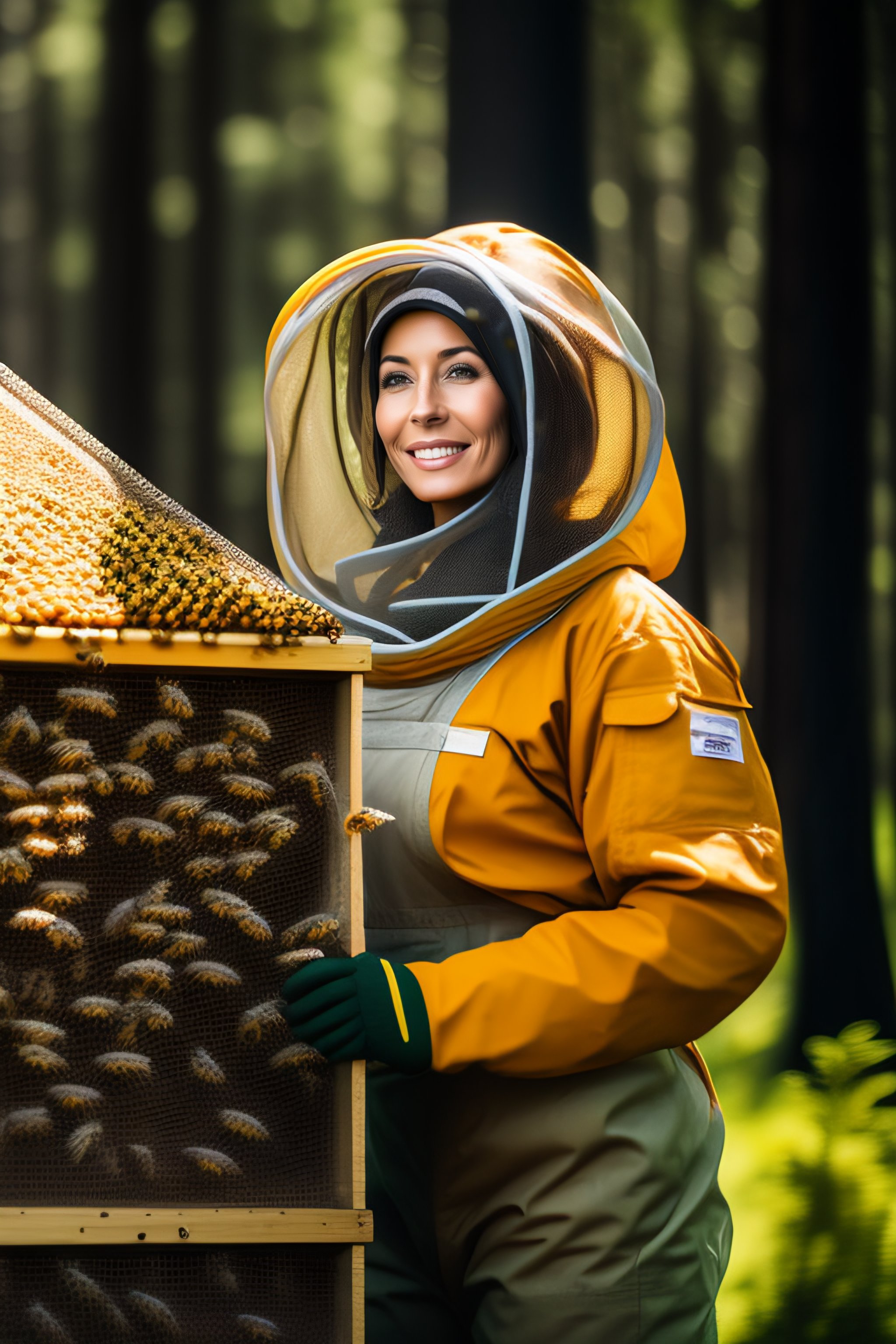 Lexica - Female beekeeper with a lot of bees and trees in background