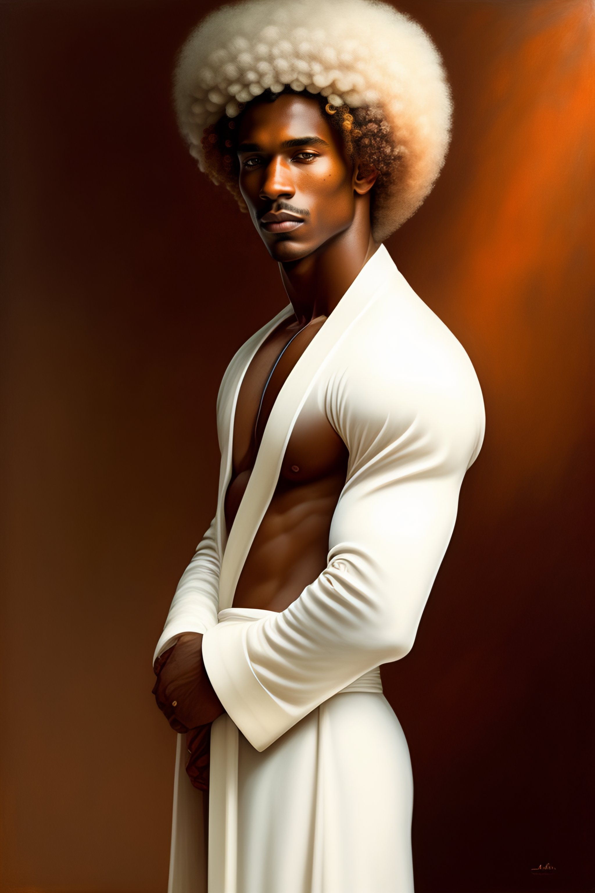 Lexica - Man, bronze skin, white afro, white robe dipped in blood,