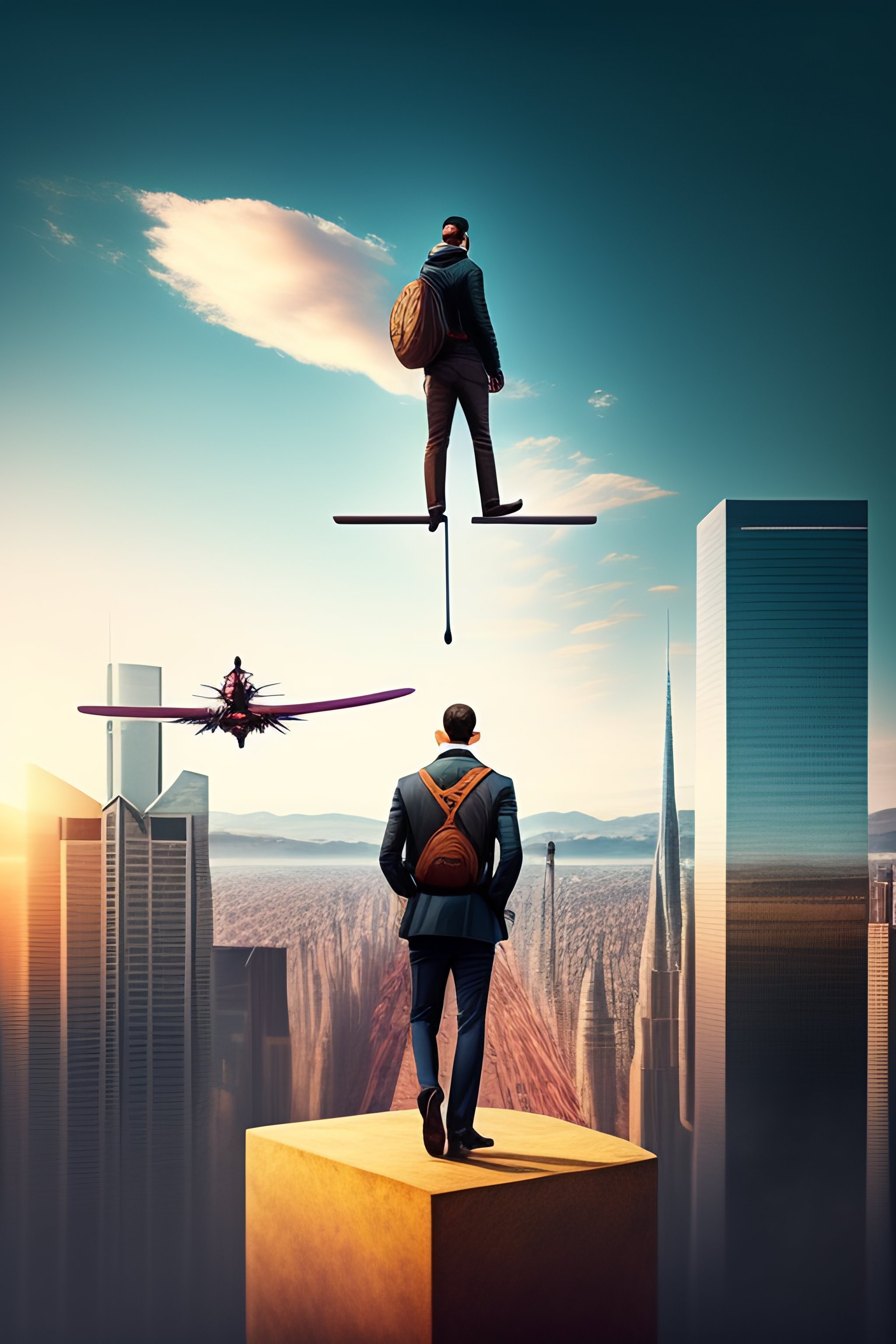 Lexica - Man flying on a broomstick over the city