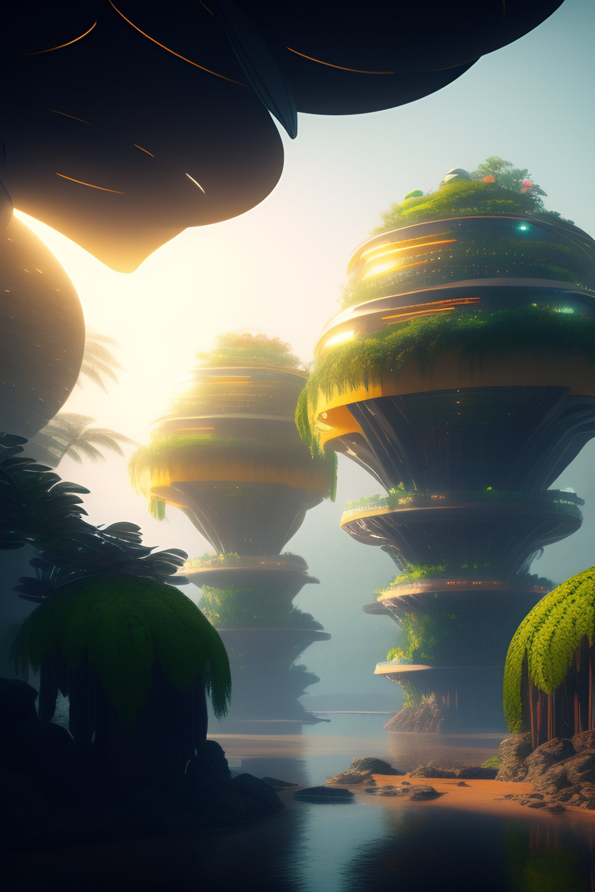 Lexica - A high tech solarpunk utopia in the Amazon rainforest -, volumetric lighting ...