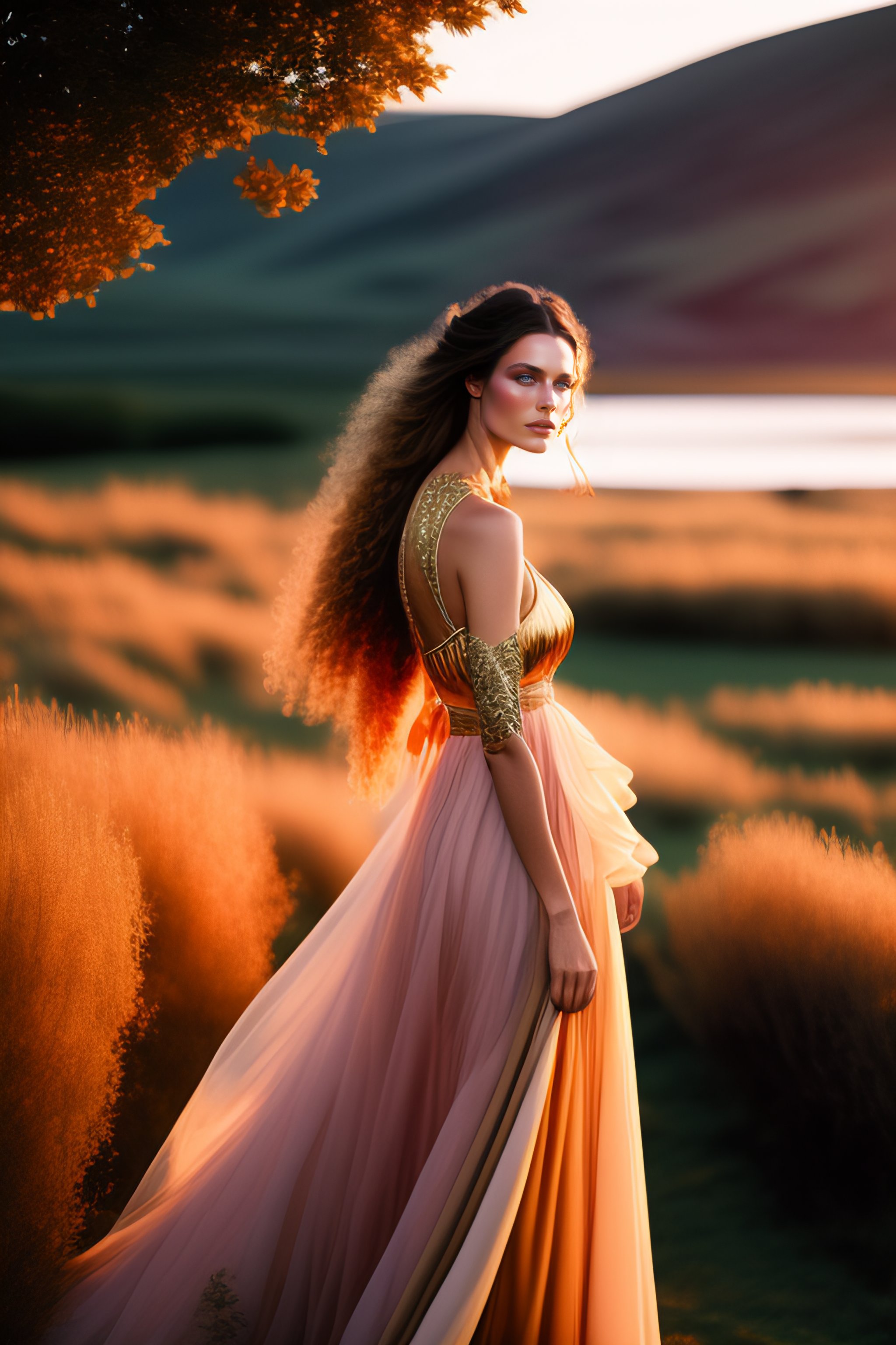 Lexica - Model in a stunning long flowy maximalist Celtic dress, vogue ...