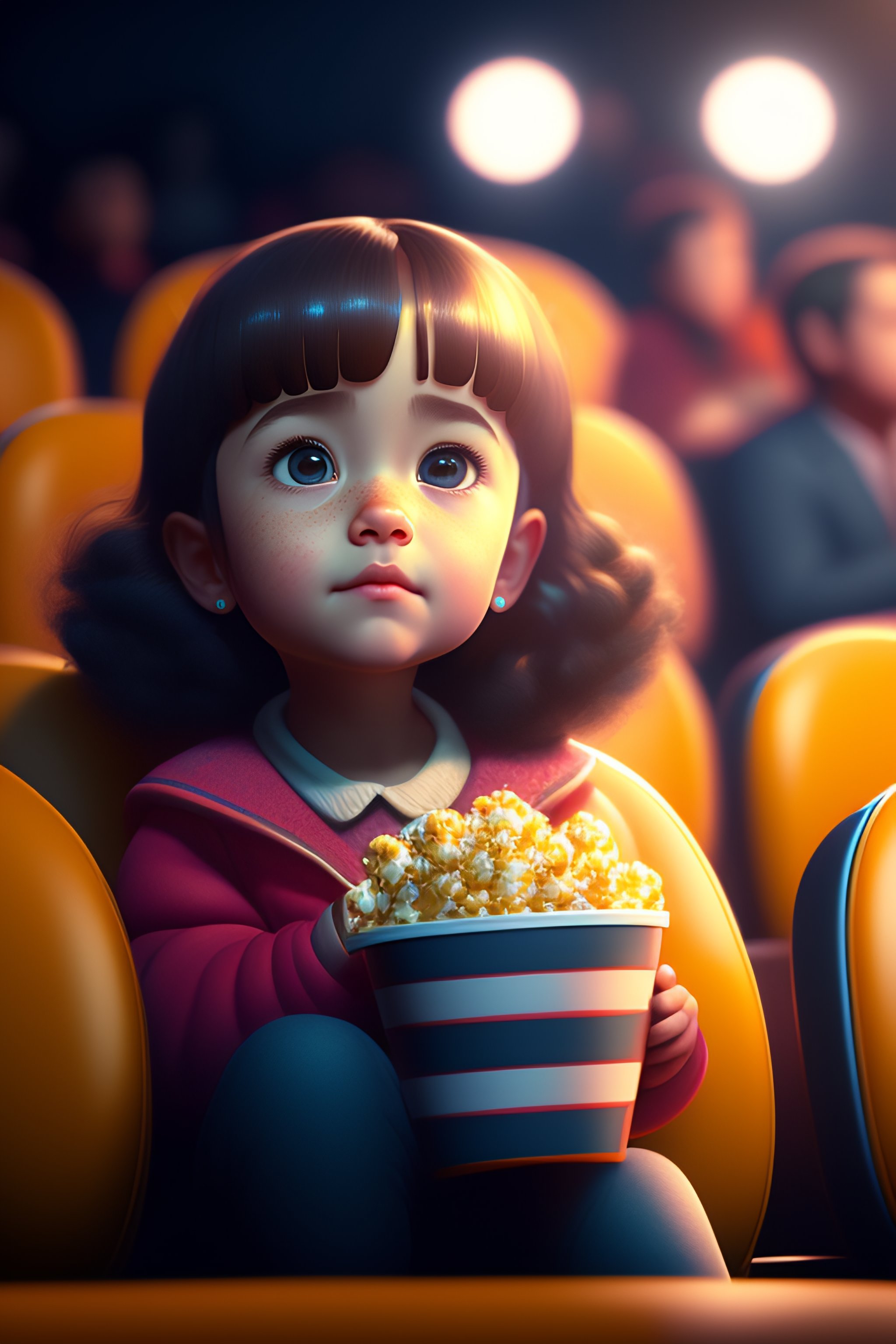 Lexica - Cute little girl sitting in a movie theater, eating popcorn ...