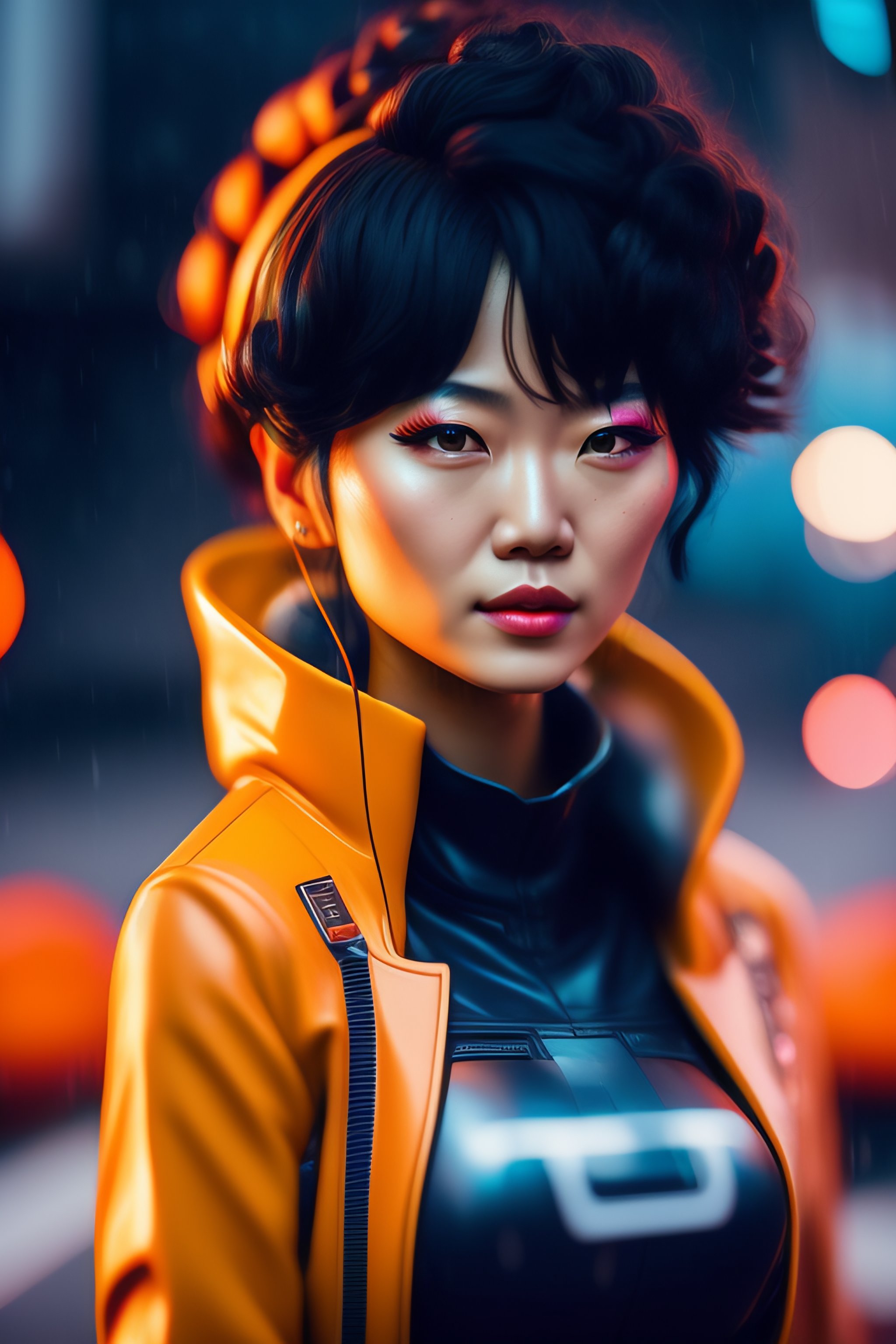 Lexica - Kaori from akira, cyborg parts, rainy Neo Tokio photo shoot