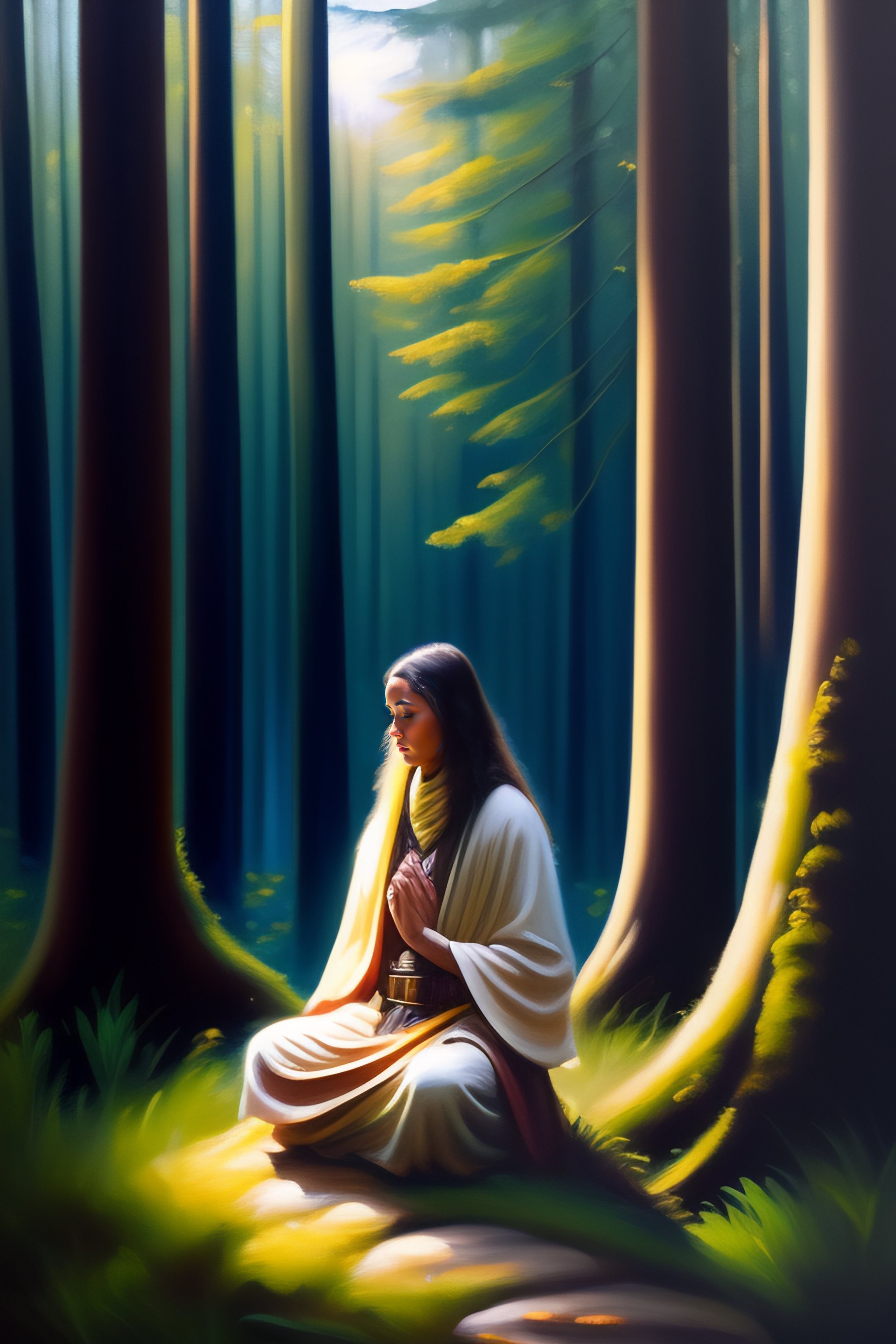 Lexica - A Jedi meditating in the forest, oil painting