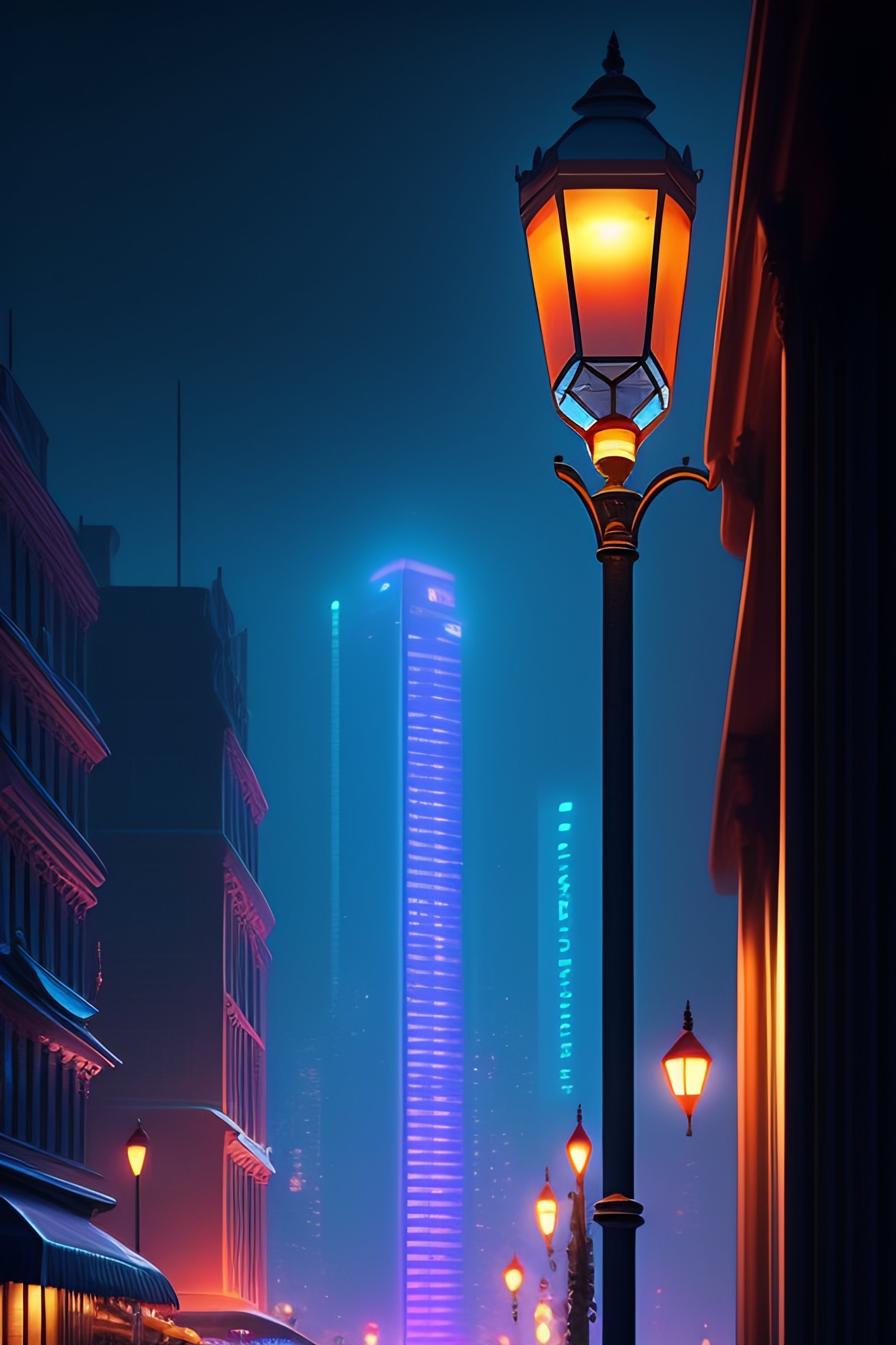 Lexica - Cyberpunk, town, lamp post, night,