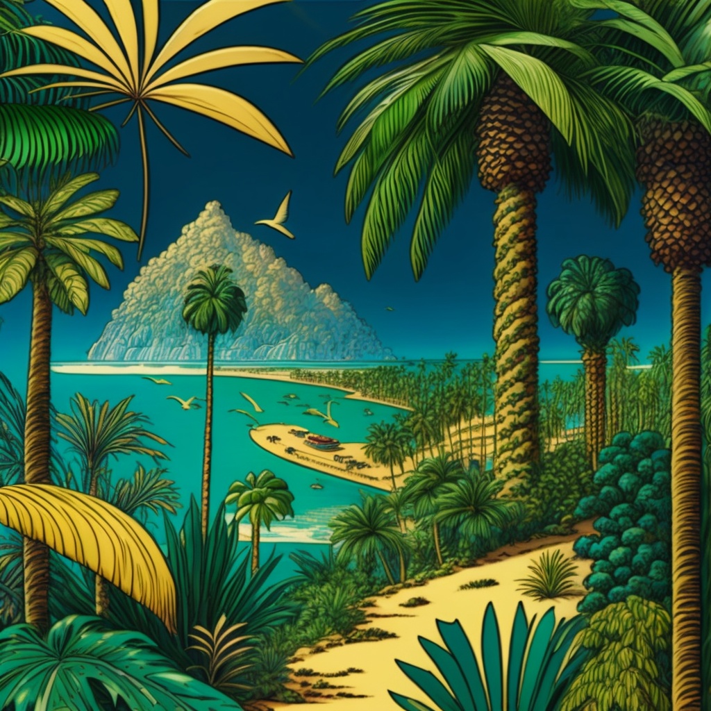 Lexica - Maximalist chaotic jungle palm trees, birds eye view ...