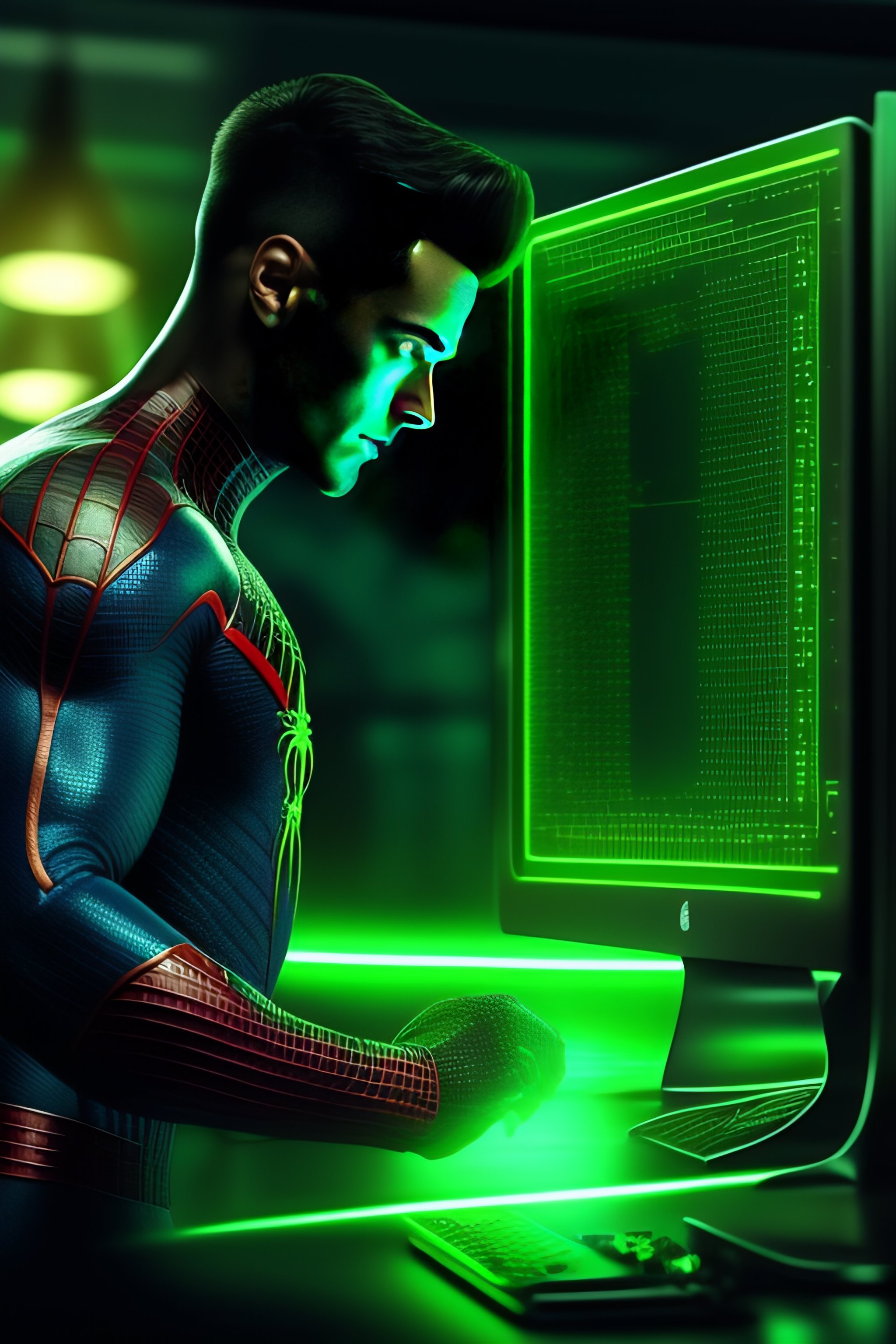 Lexica - Digital art of Spiderman’s back at a computer displaying green ...