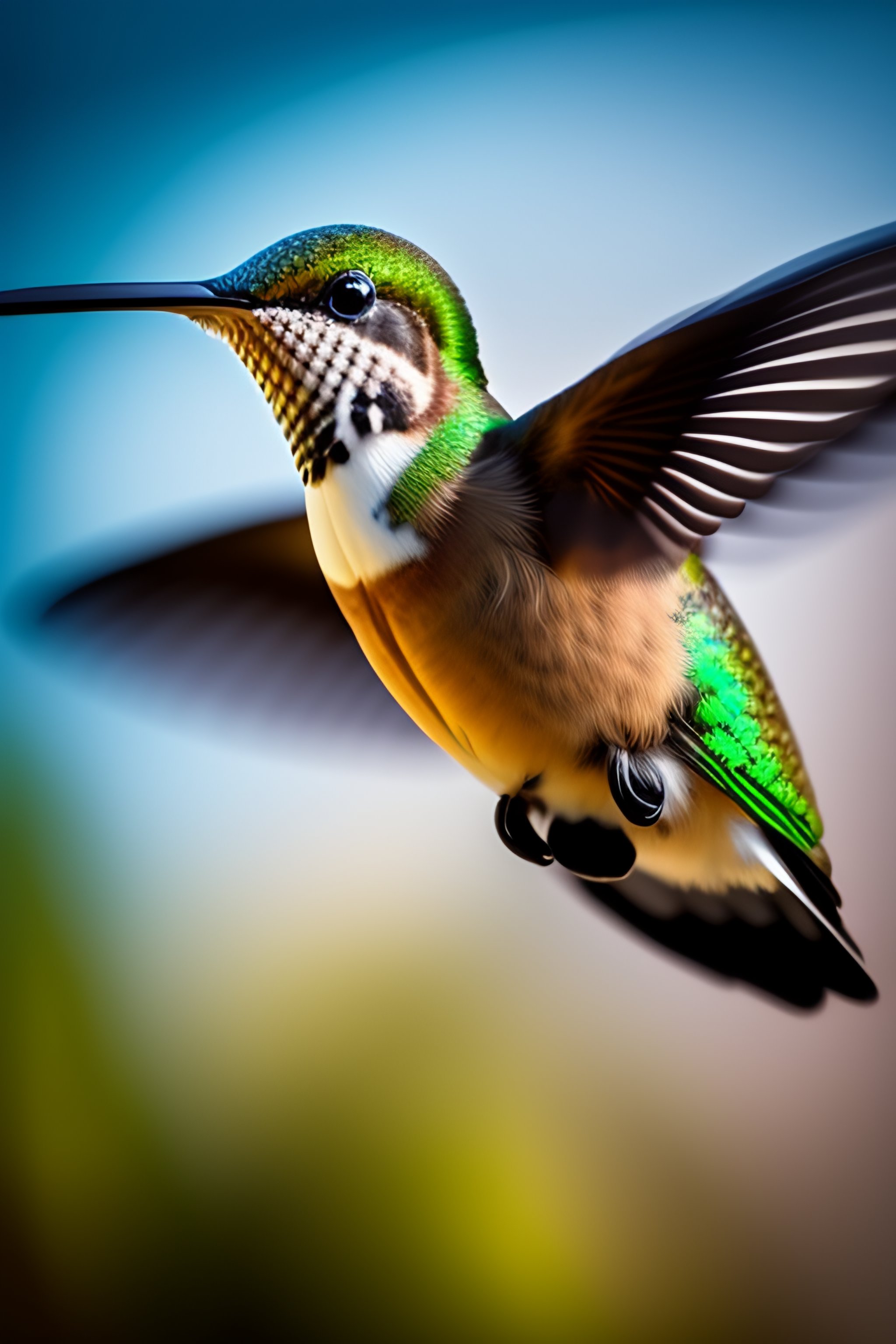 Lexica - Realistic photo of a hummingbird in the air flying, blurred ...