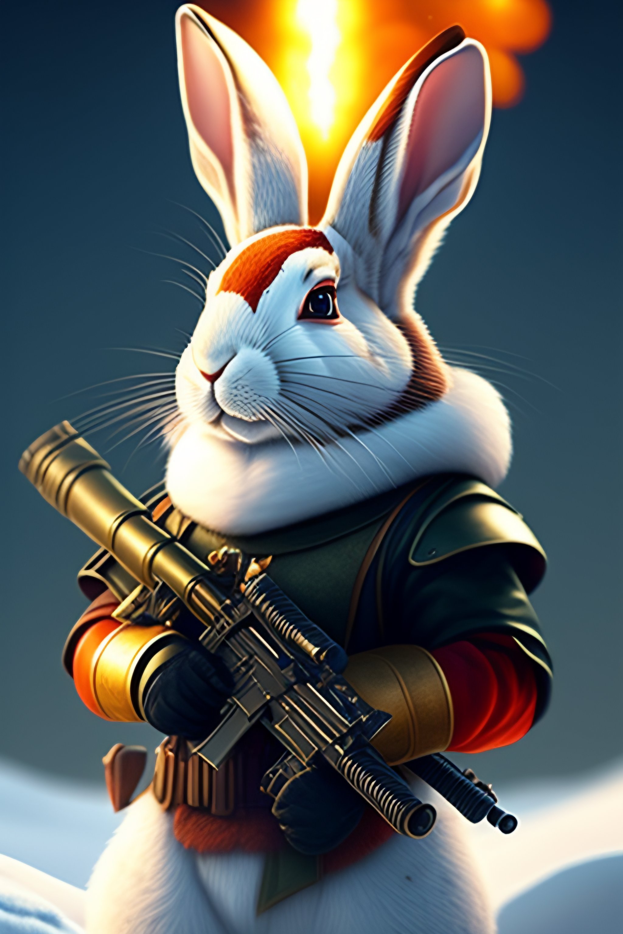 Lexica - A snow-white hare wielding a rocket-launcher from a video game.