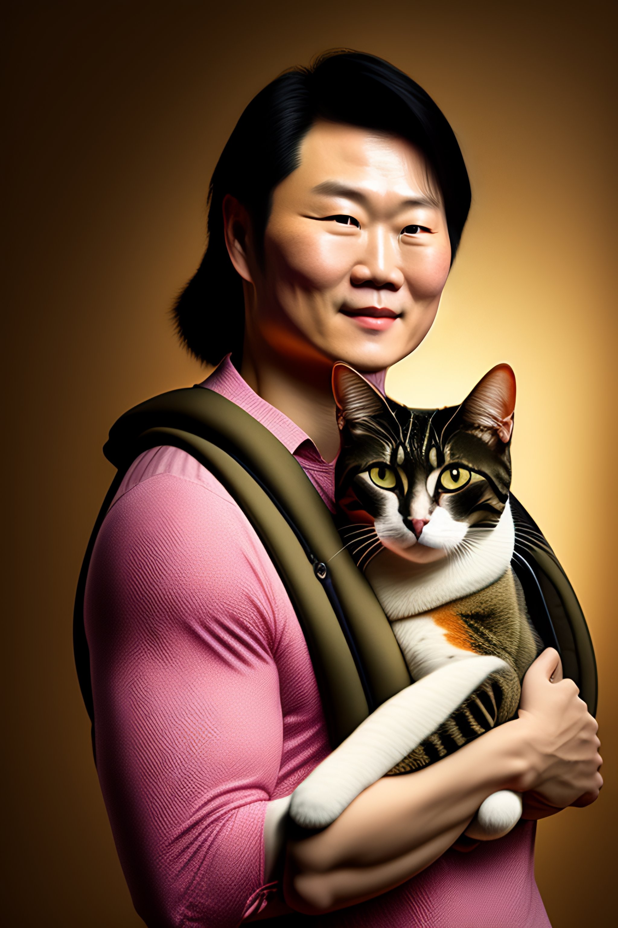 Lexica - YC Chen, wearing baby sling with one cat on the back, athlete ...