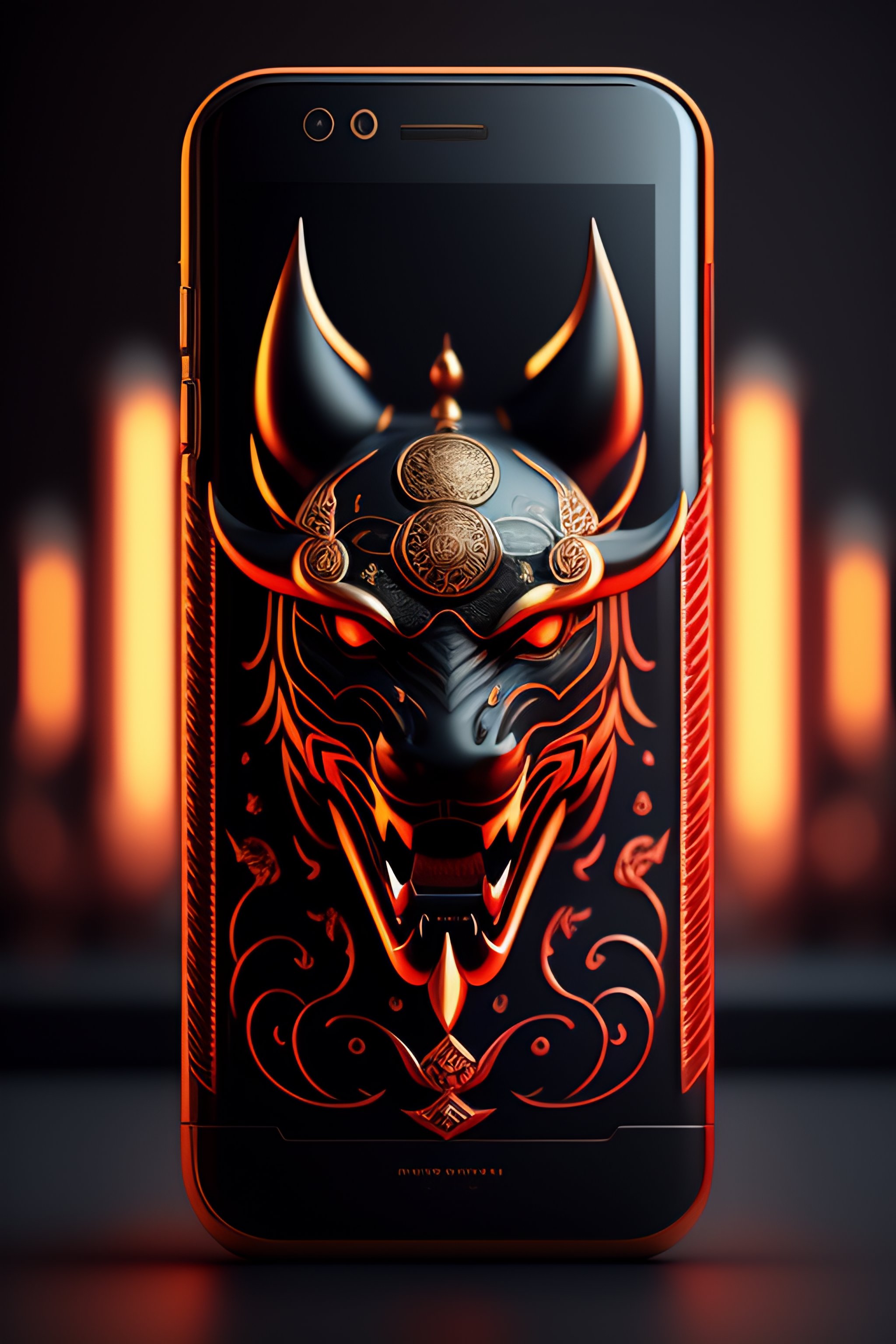 Lexica - A mobile phone with a Japanese demon pattern, centred, night ...