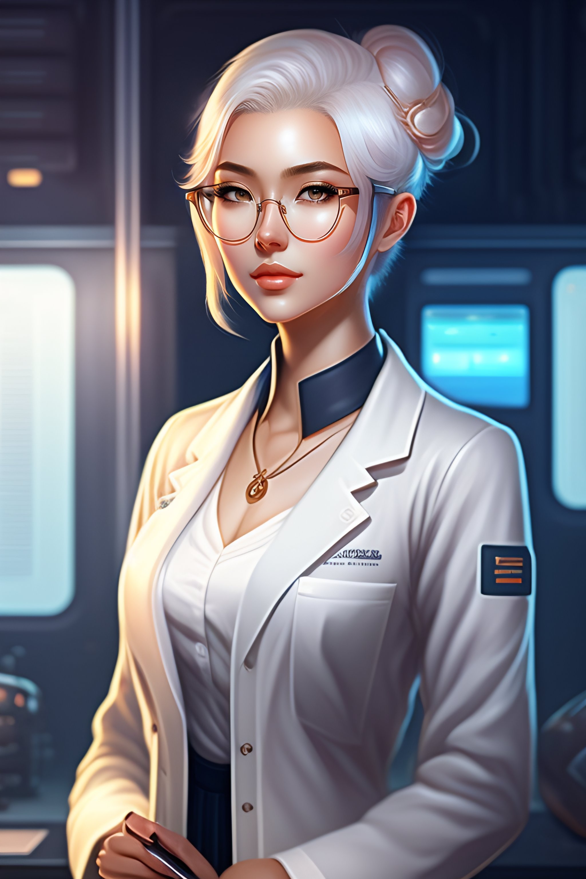 Lexica - Beautiful anime girl with short white hair, wearing lab coat ...
