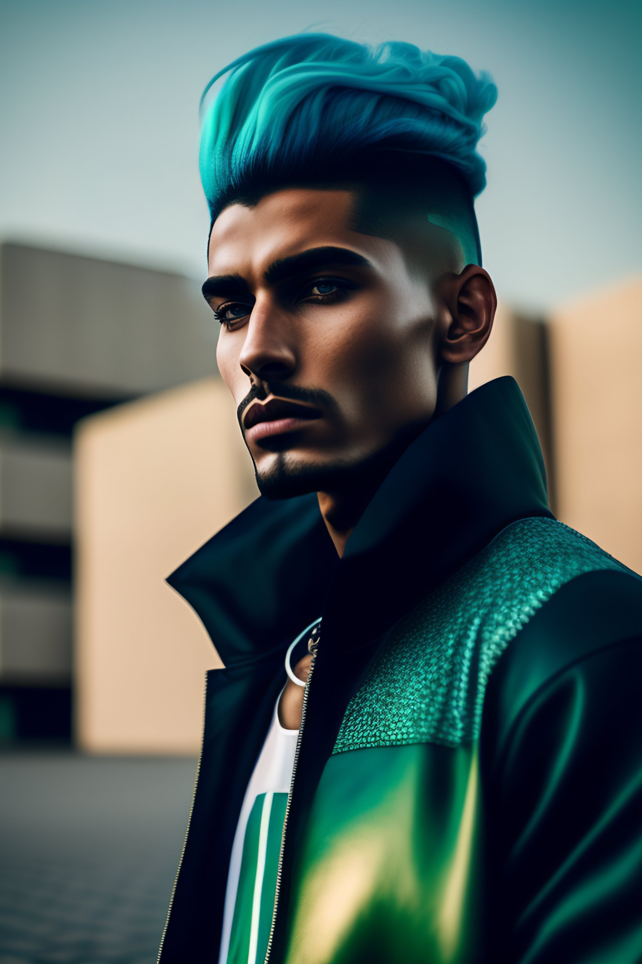 Lexica - Portrait of beautiful arab cyberpunk male V with blue green ...