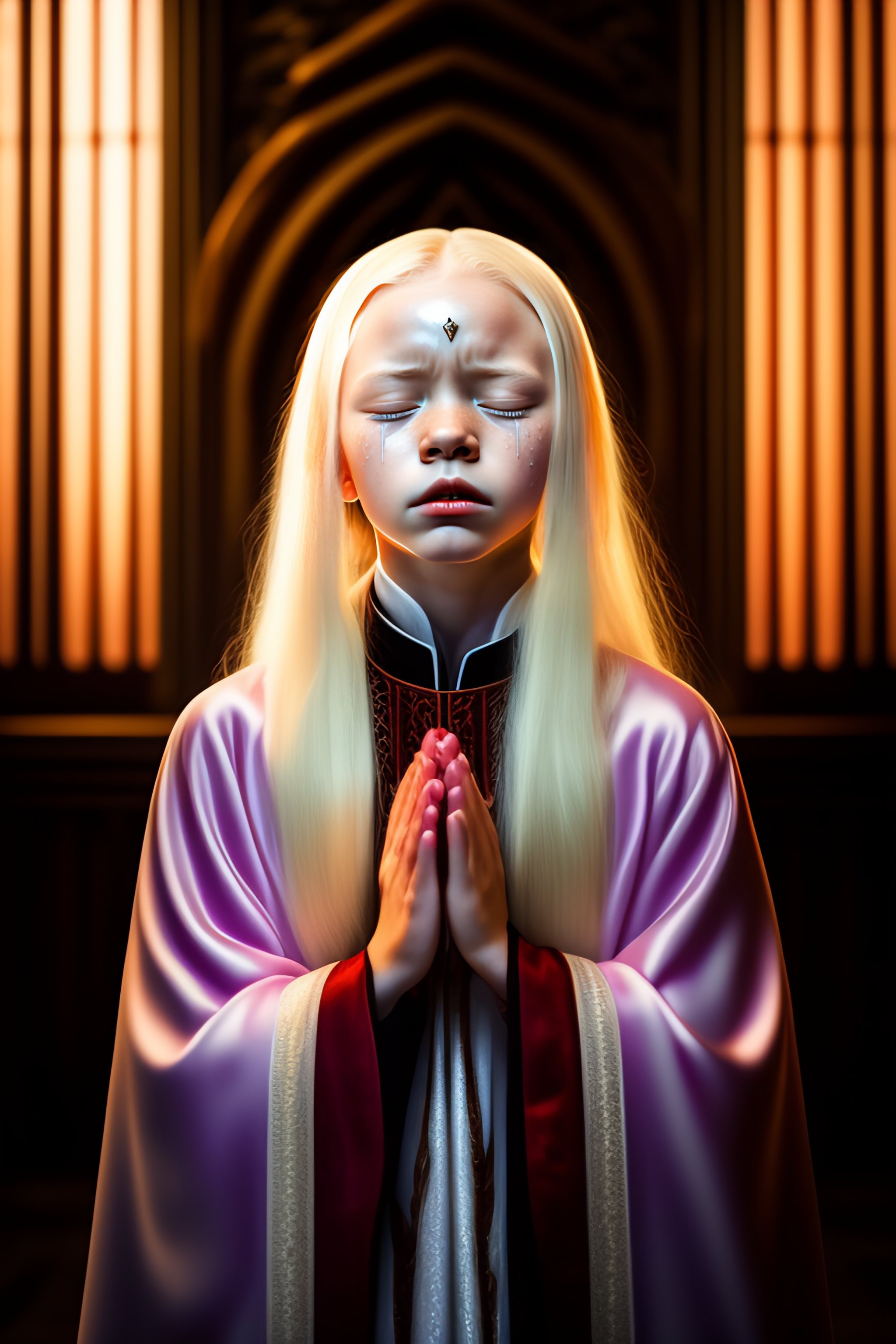 Lexica - 12 years old crying albino vampire female in a temple sitting ...