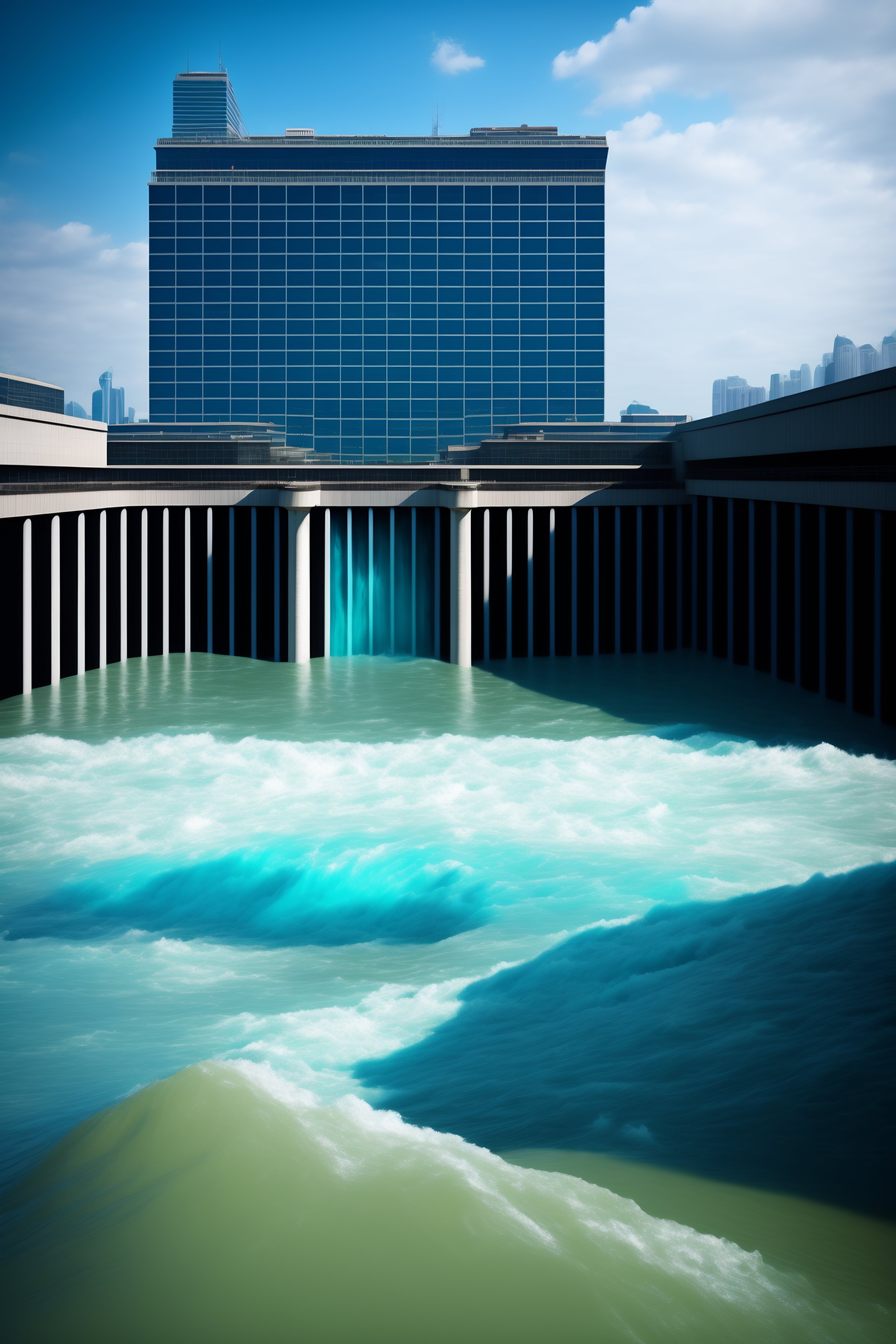 Lexica - Dam cracked, massive blue water flooding, flooded office ...