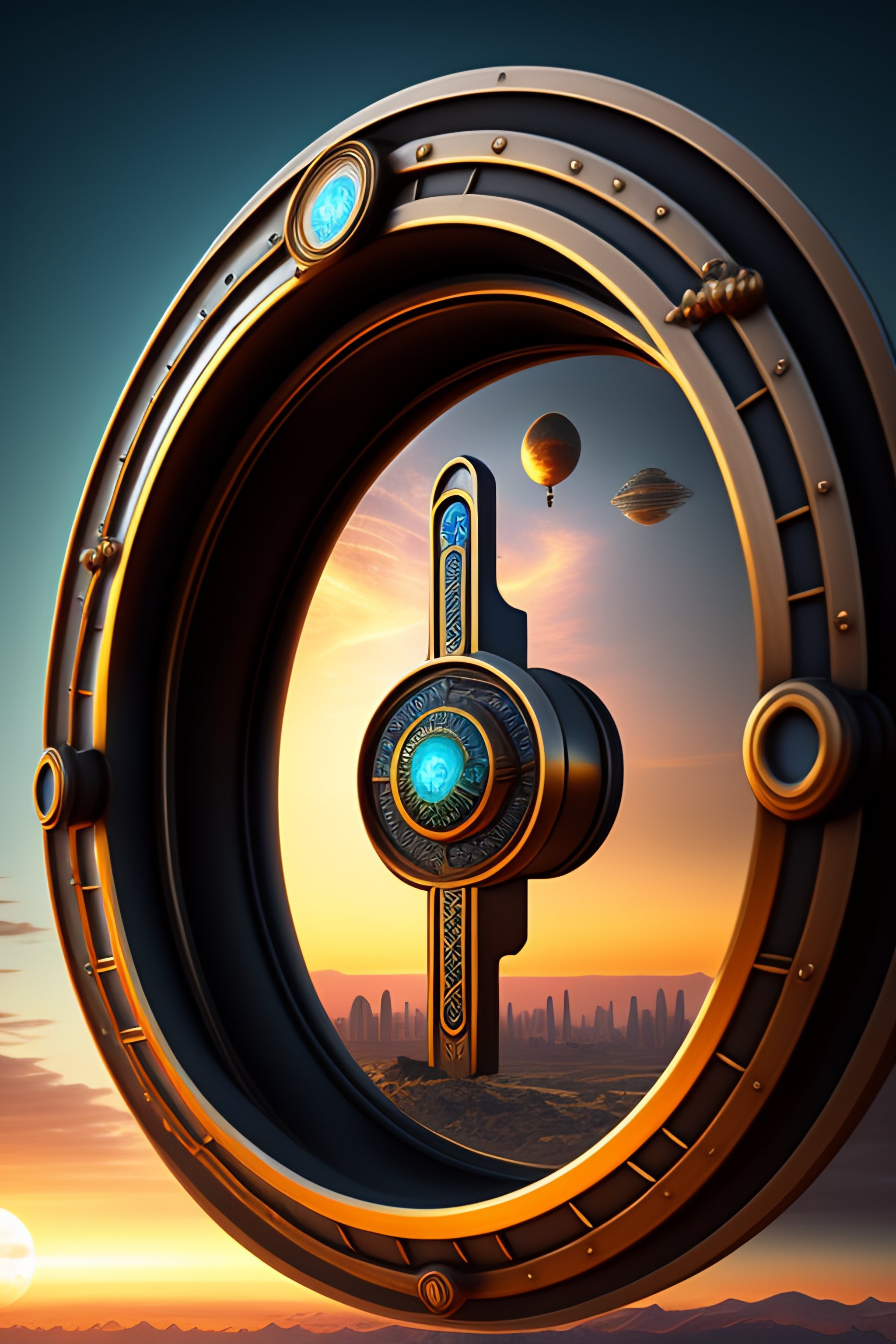 Lexica - A steampunk intergalactic portal with egld symbol in the middle