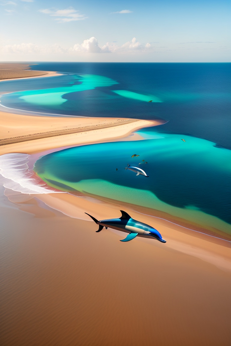 Lexica - Dolphins swim in the air above a dried up sea. realistic ...