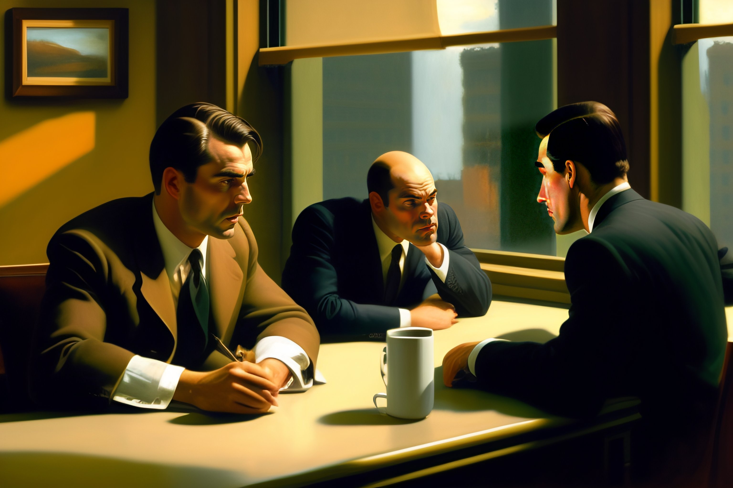 Lexica - Two arguing men, in an office, in the painting style of Edward ...