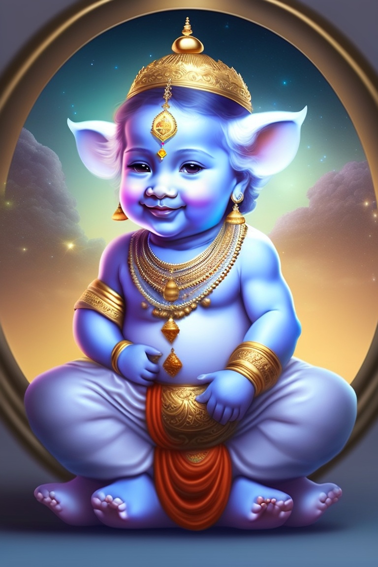 Lexica - Baby god krishna in universe baby cow smiling and sitting ...