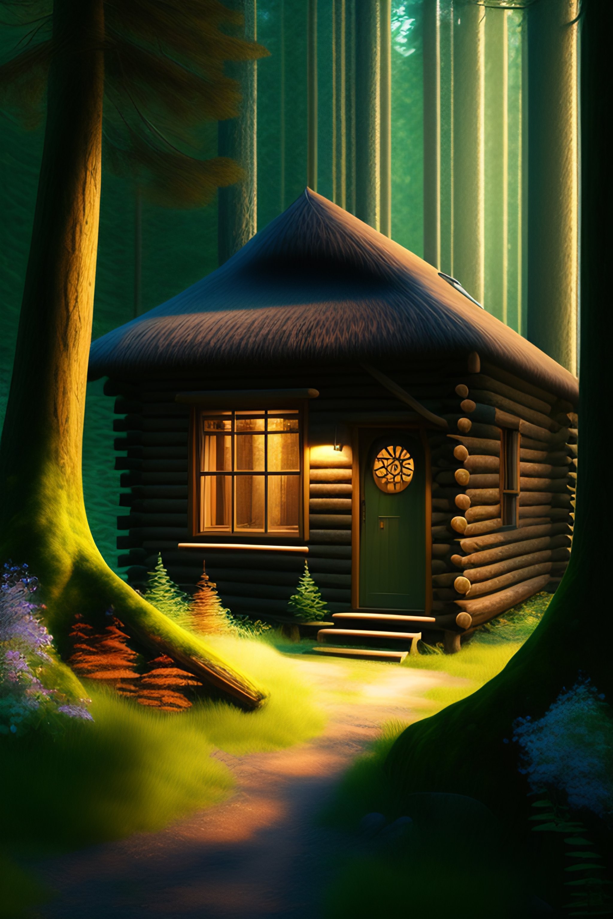 Lexica - The interior of a cabin overlooking a forest inhabited by fairies