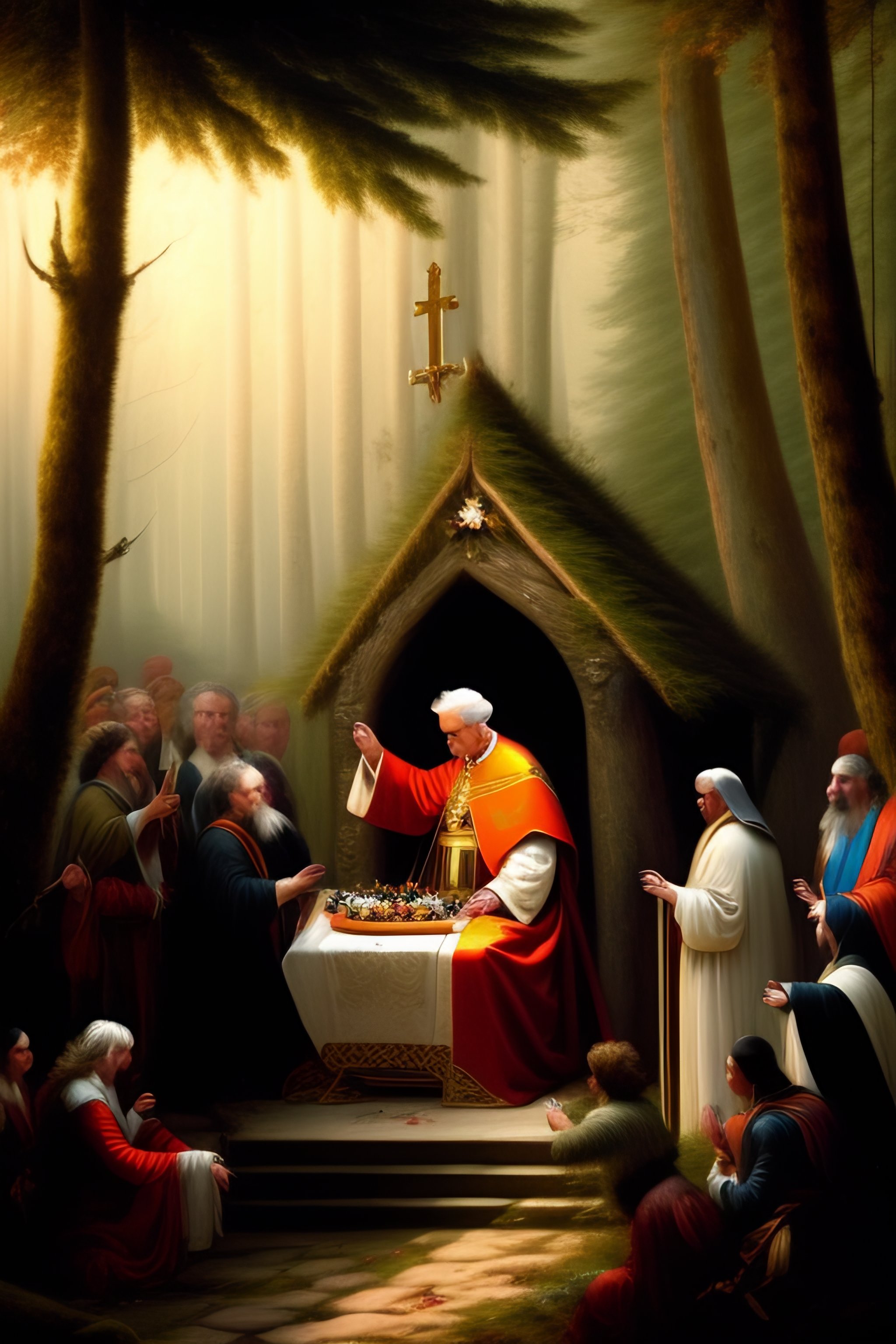 Lexica - Pope Benedict dead on a wooden table in a forest, surrounded ...