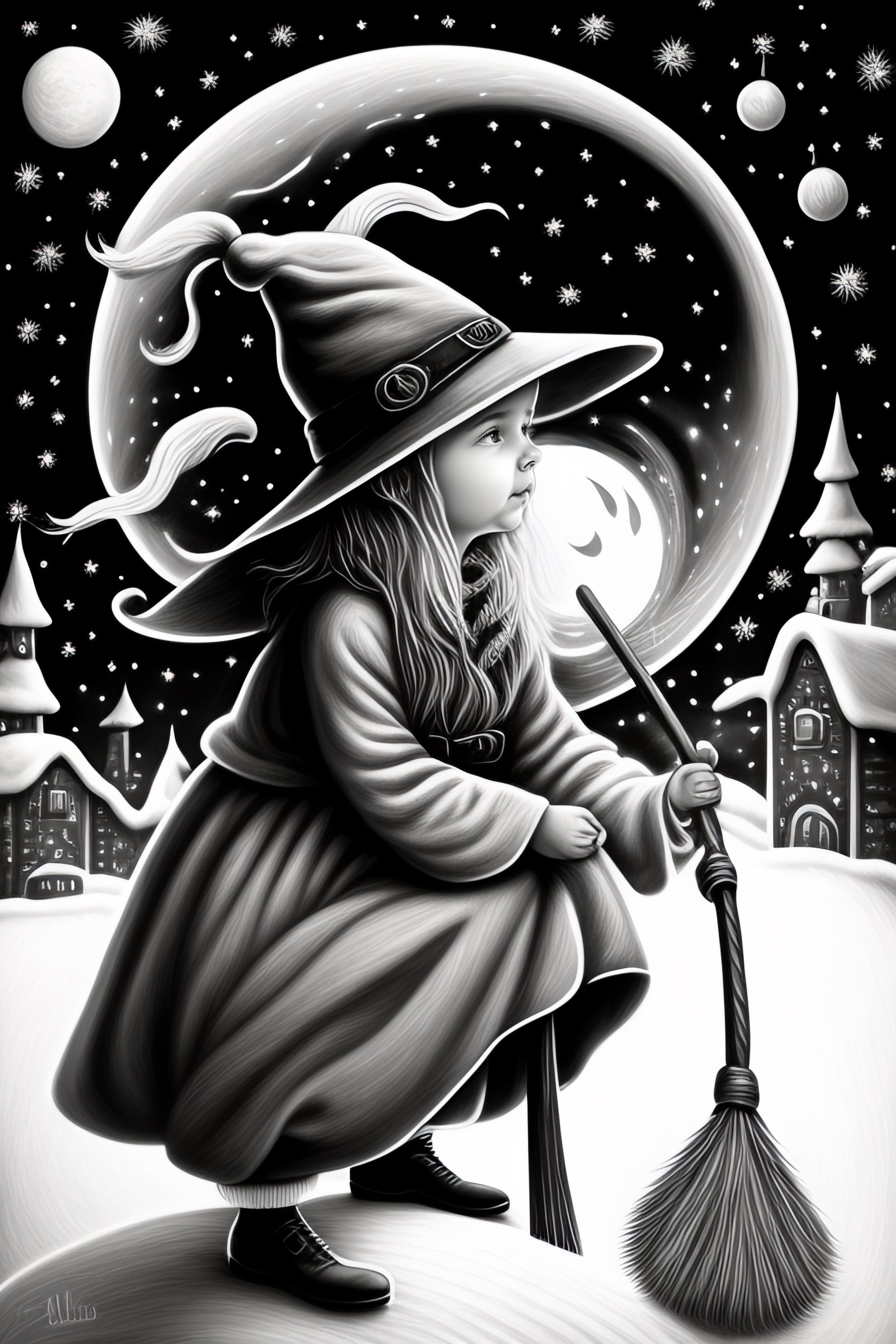 Lexica - A little tired witch in a hat sitting on a broom and flying ...
