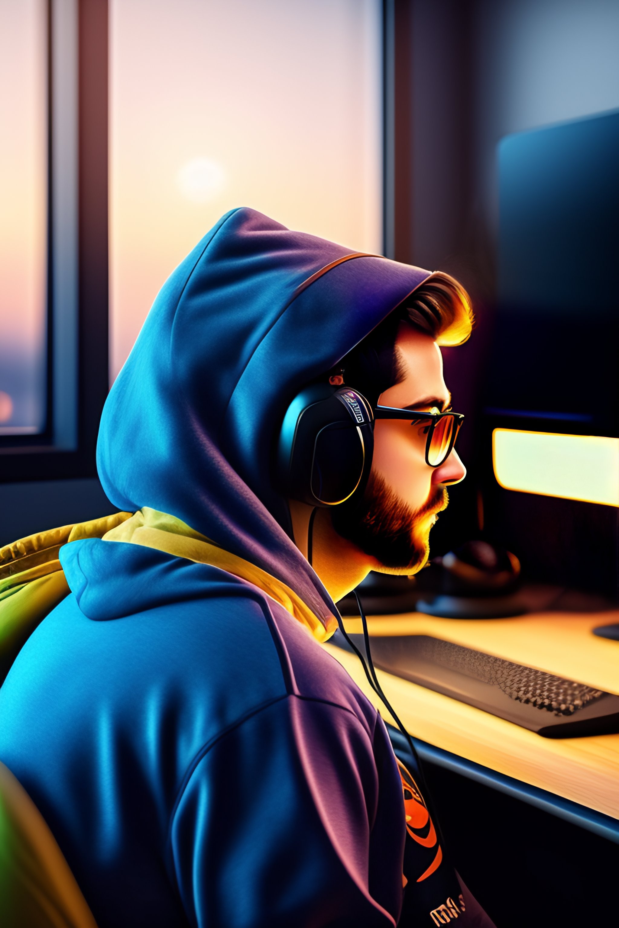 Lexica - A pug gamer in a hoodie, sitting by a gaming computer. Playing ...