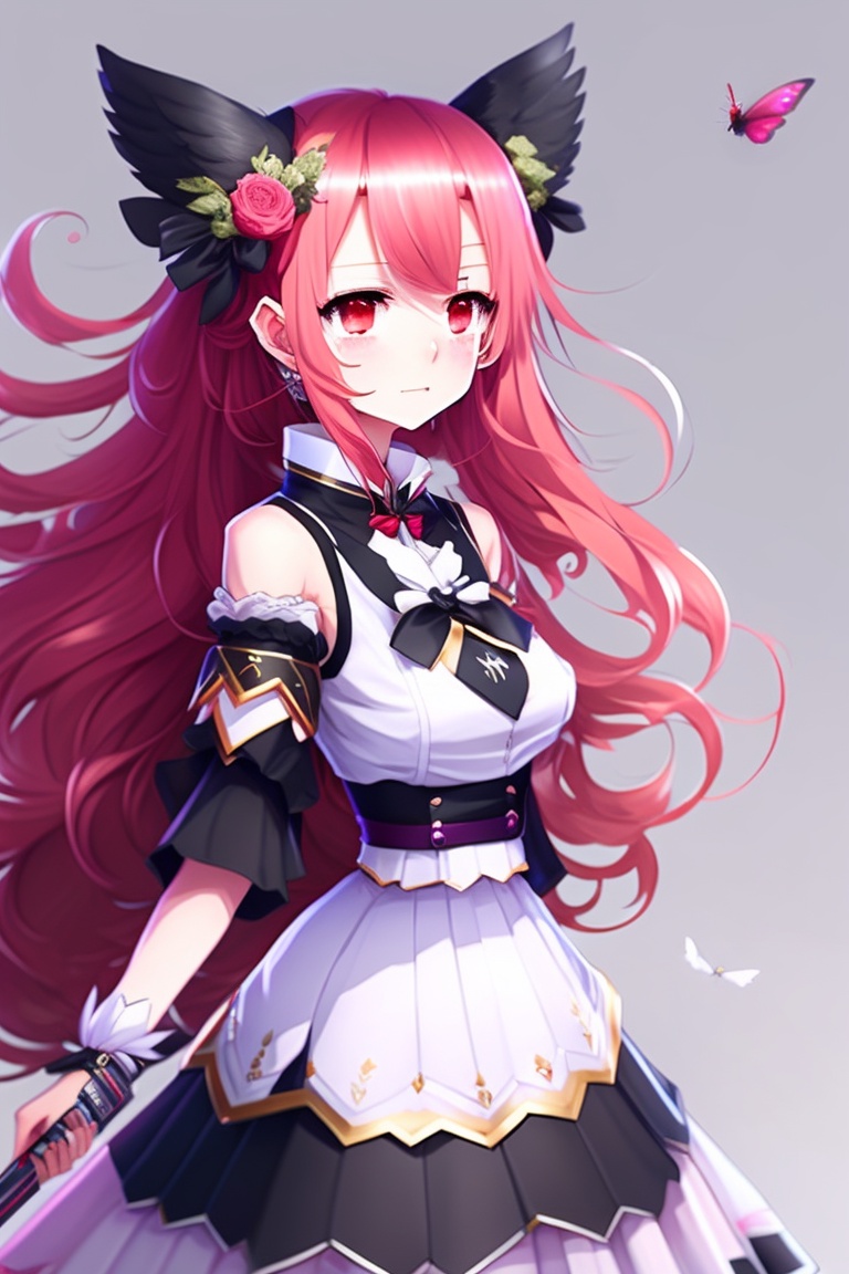 Lexica - Cute girl anime red dress black wing Korean pink hair, maid ...