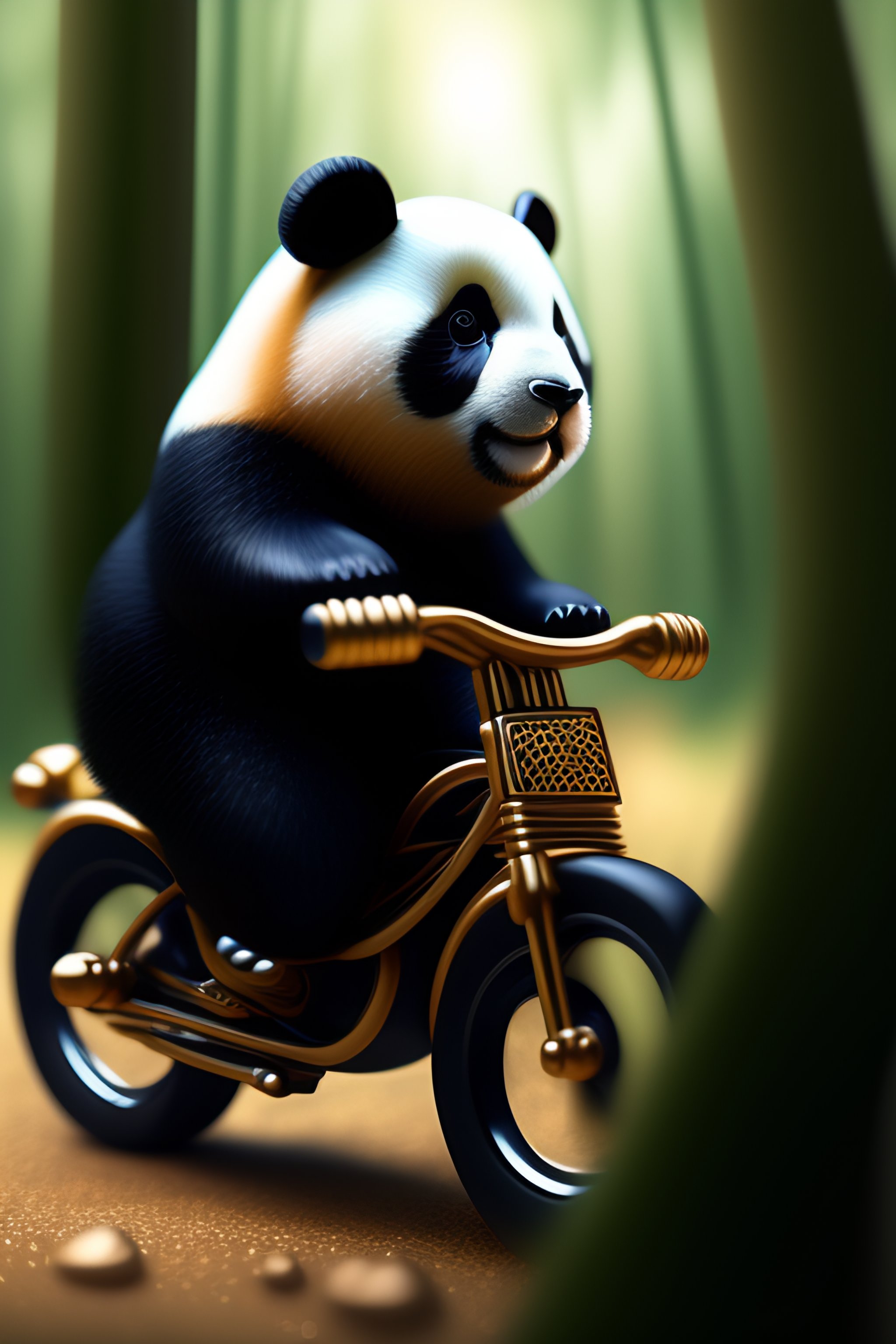Lexica - Baby boy panda bear ride motorcycle in the thick bamboo forest ...