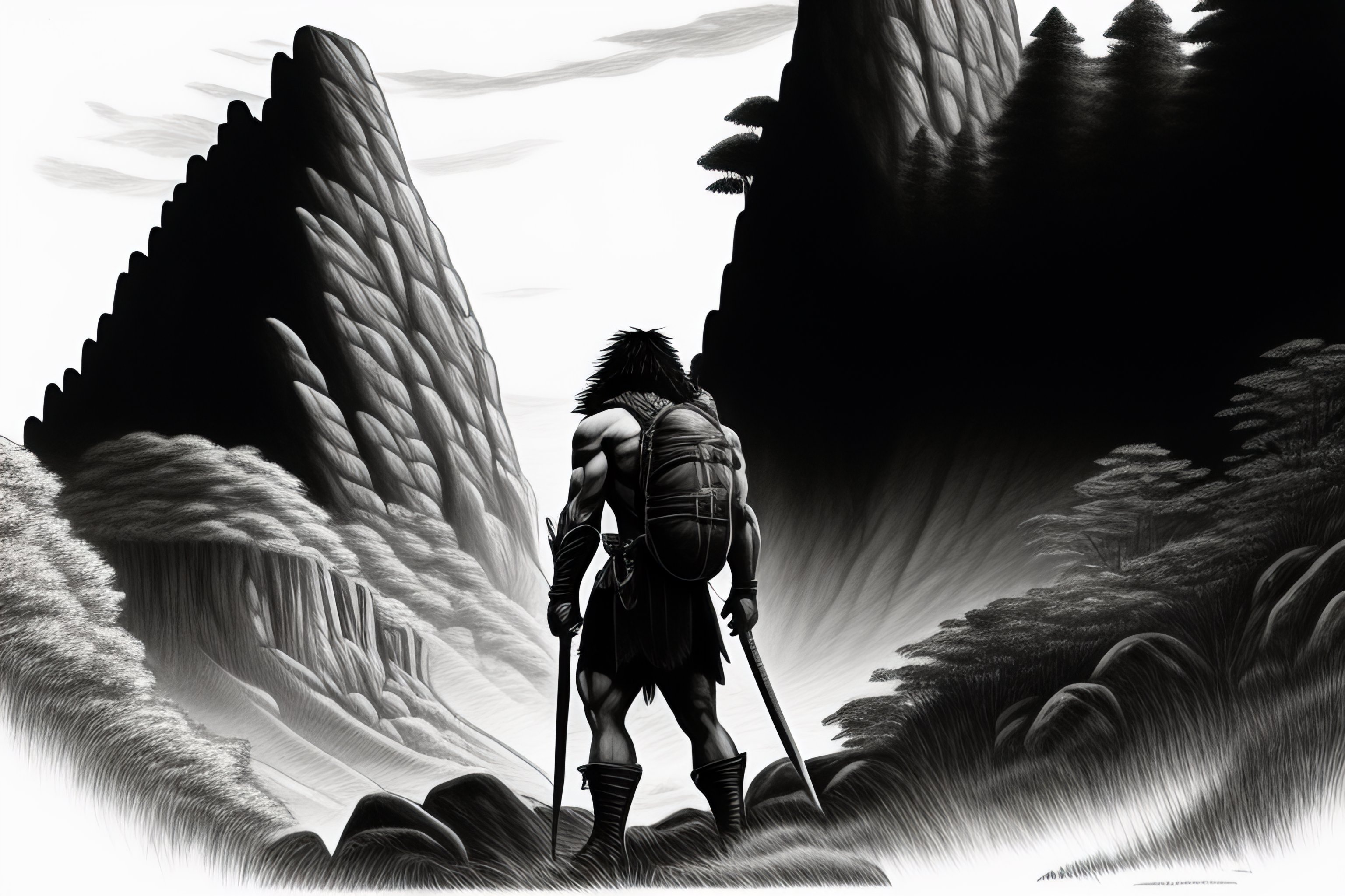 Lexica - Landscape drawing of a lean caveman with a spear standing in ...