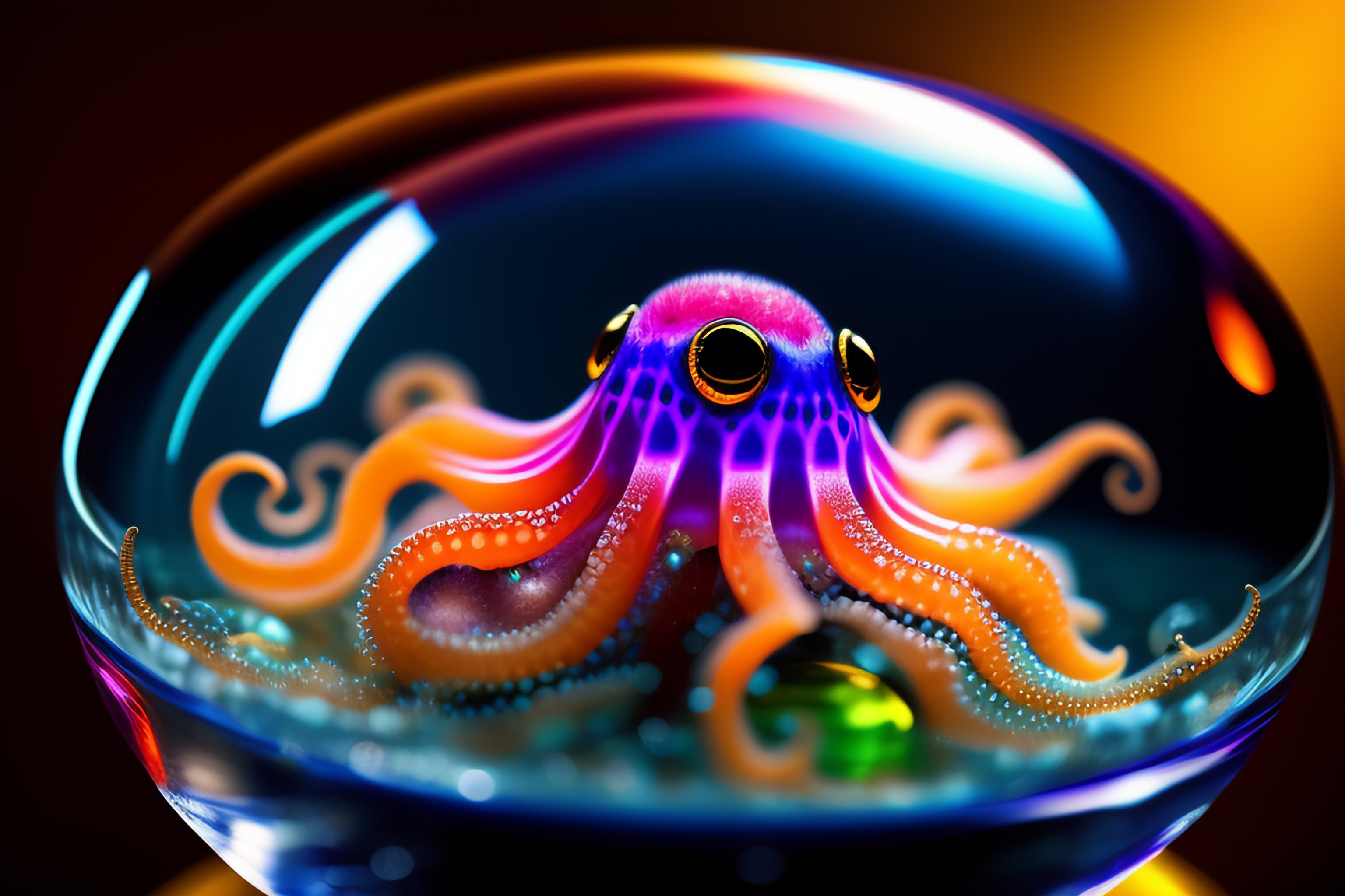 Lexica - Octopus sitting on , micro, glass sphere, refractive. shinny ...