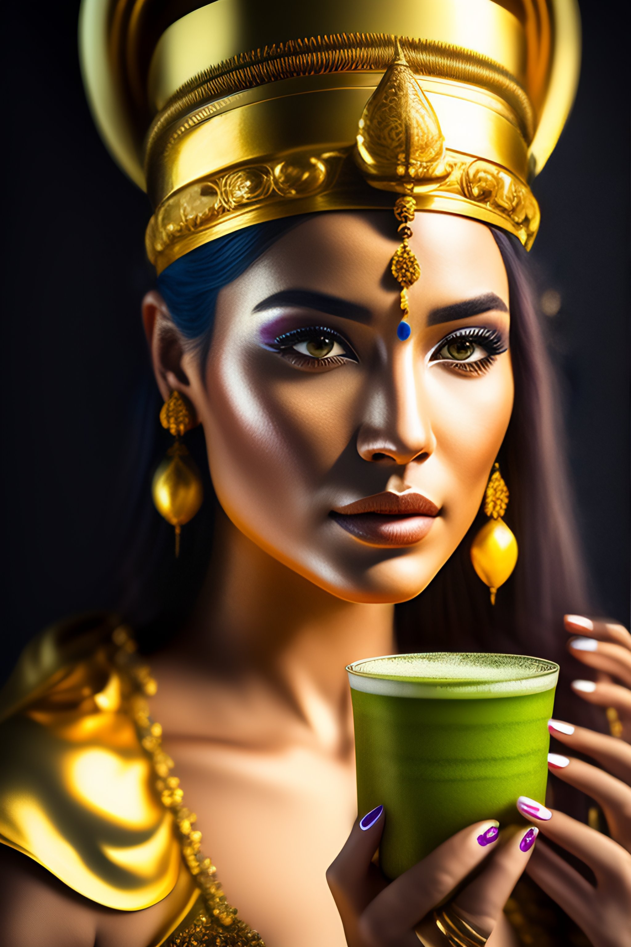 Lexica - ATHENA , goddess with golden skin with blue adornments, drinking a matcha from a matcha ...