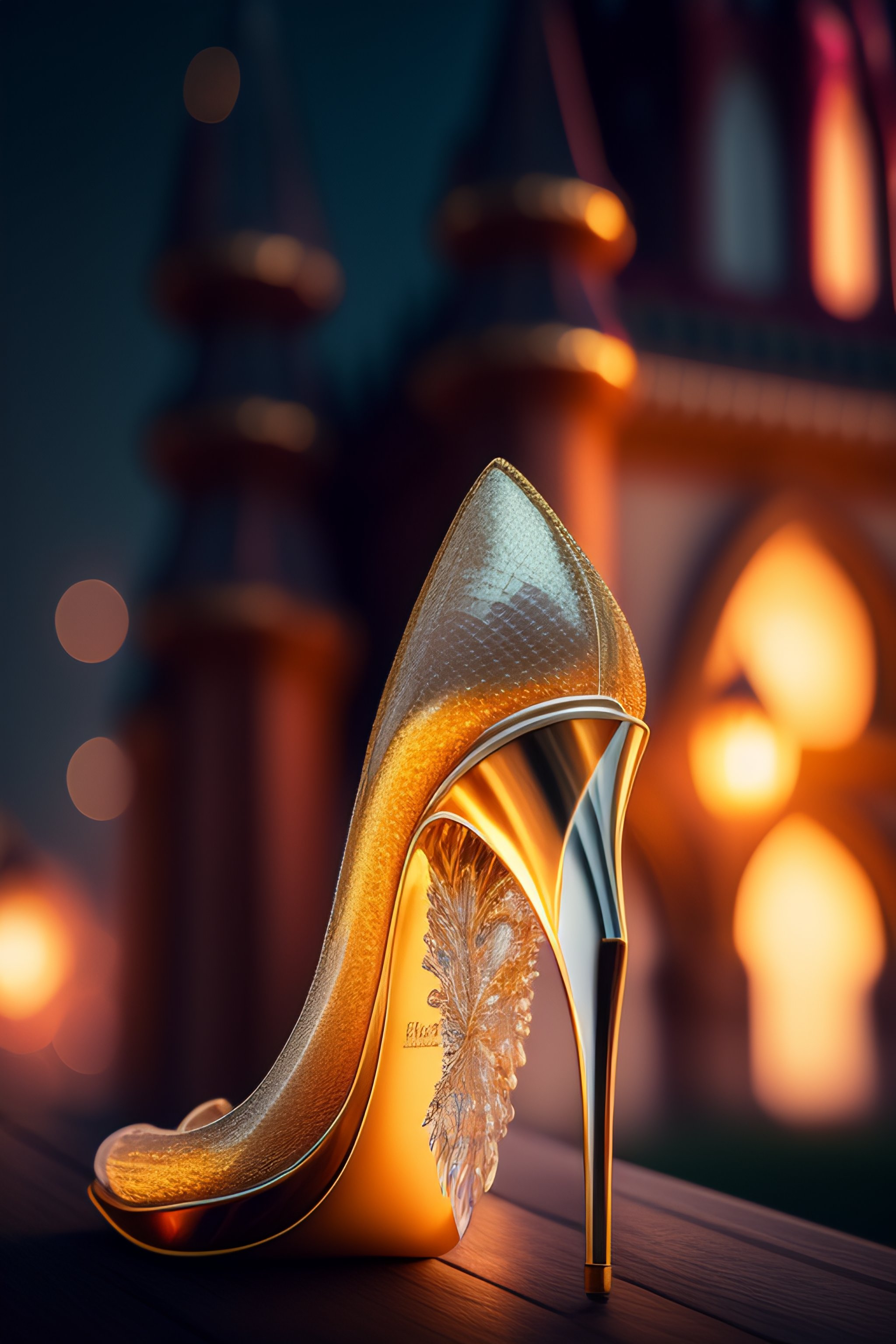 Lexica - Shiny clear intricate high heel shoe in front of a castle, 8k ...