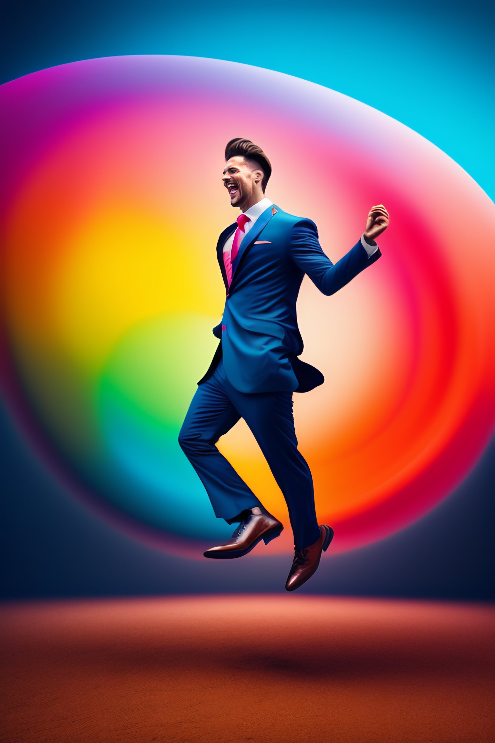 Lexica - Man in suit jumping, colorful, fade to color